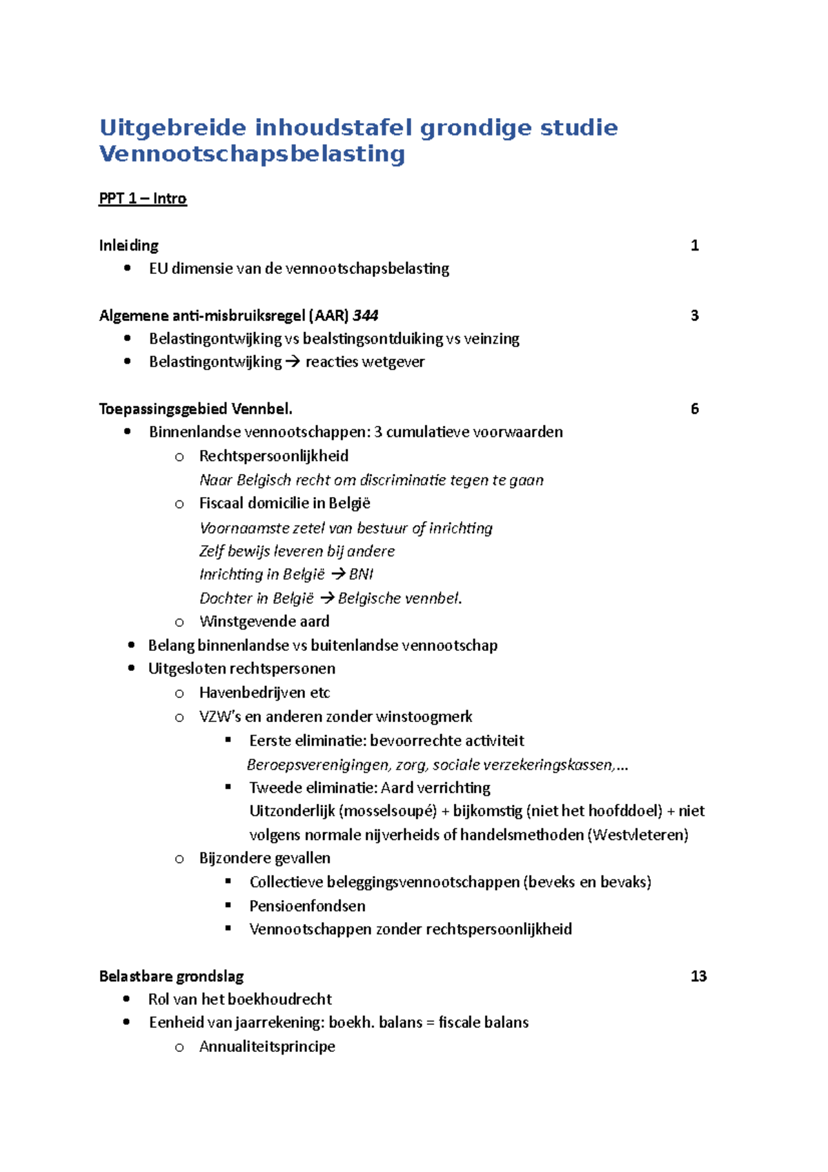 Uitgebreid structuur vennbelasting - Uitgebreide inhoudstafel grondige ...