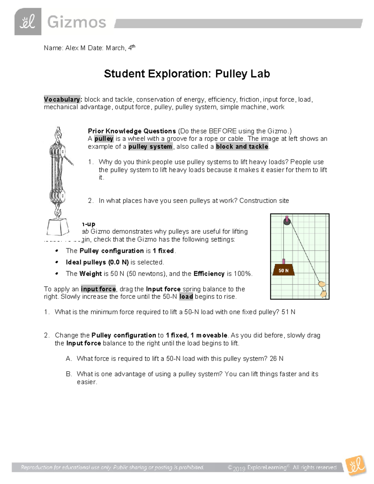 Pulley Lab SE - answers - Name: Alex M Date: March, 4th Student ...