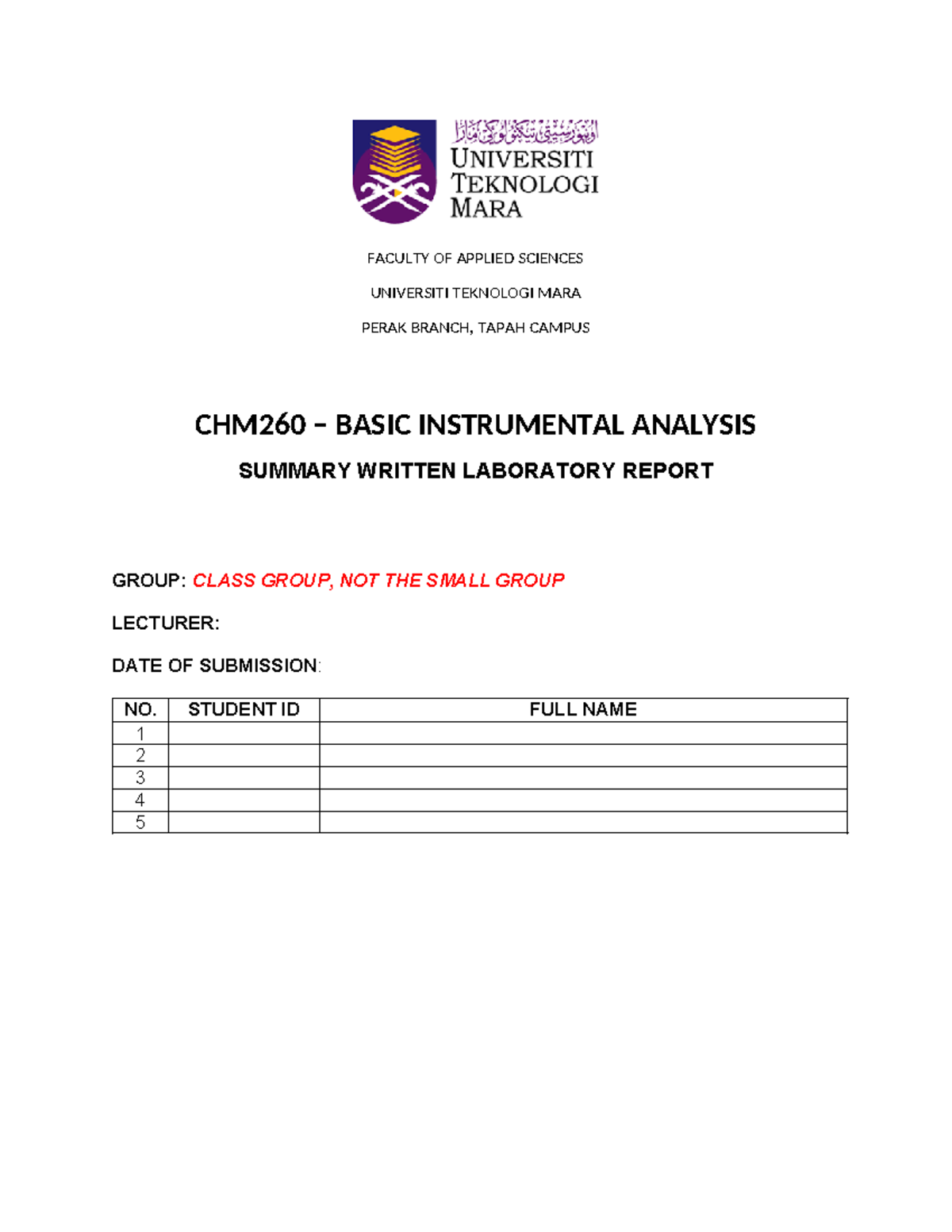 Template written lab report CHM260 - FACULTY OF APPLIED SCIENCES ...