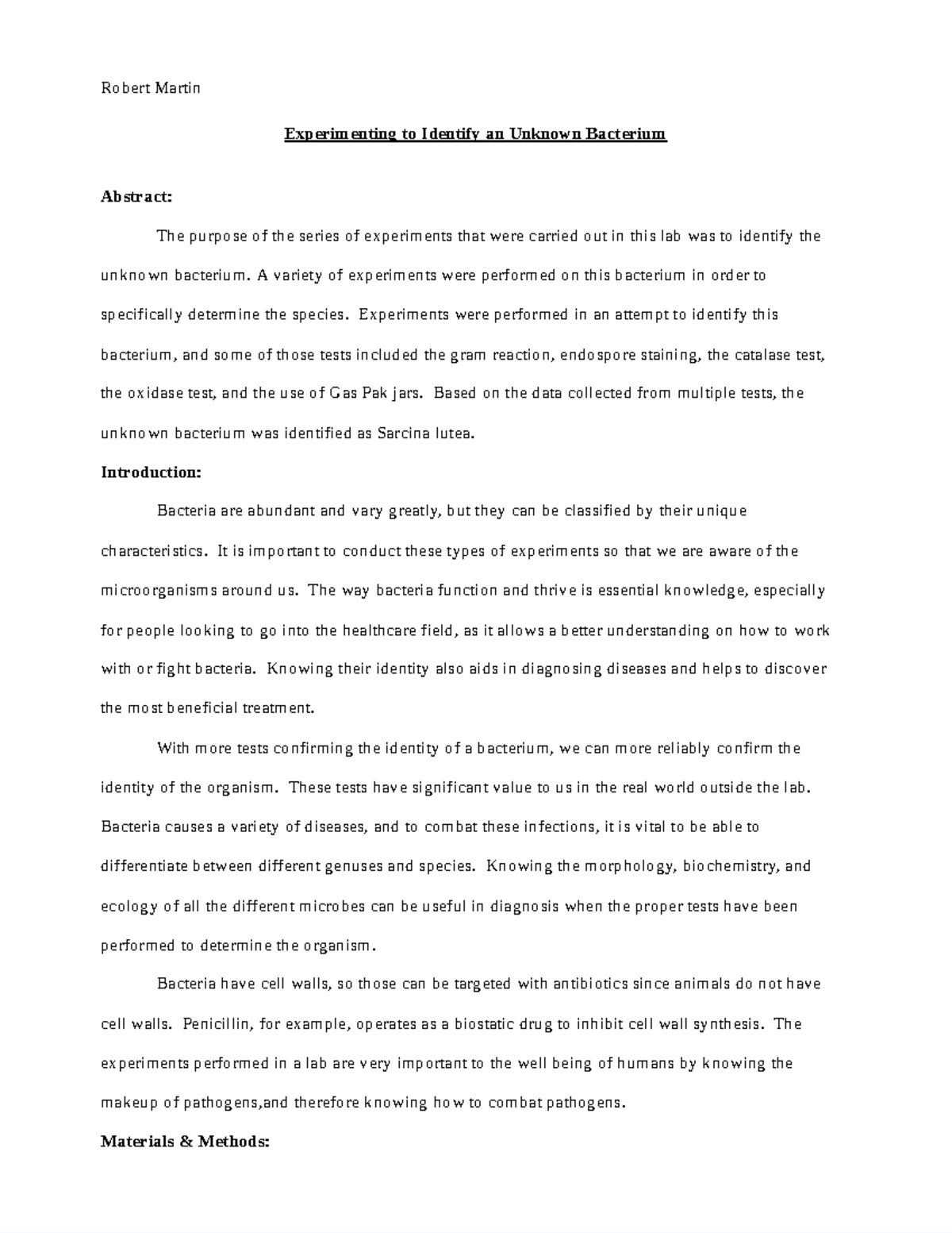 Unknown Bacteria Lab Report - Google Docs - Robert Martin Experimenting ...