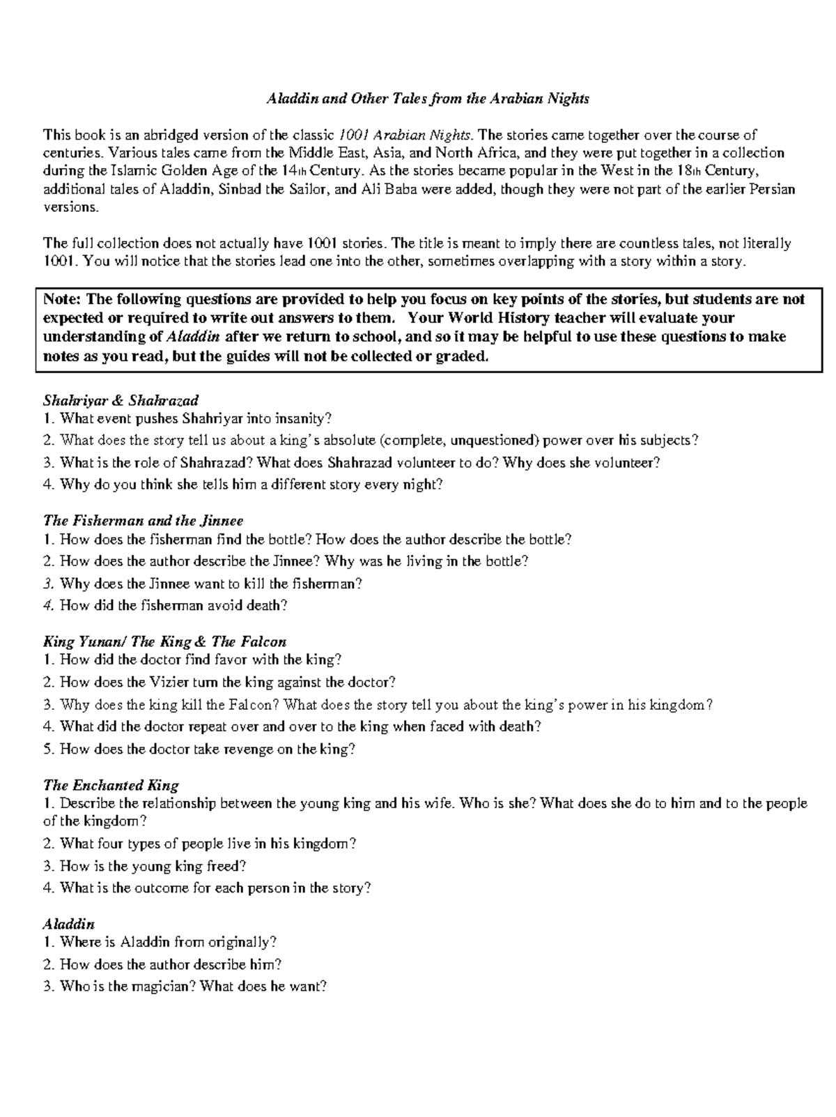 Arabian Nights Reading Questions - Aladdin and Other Tales from the ...