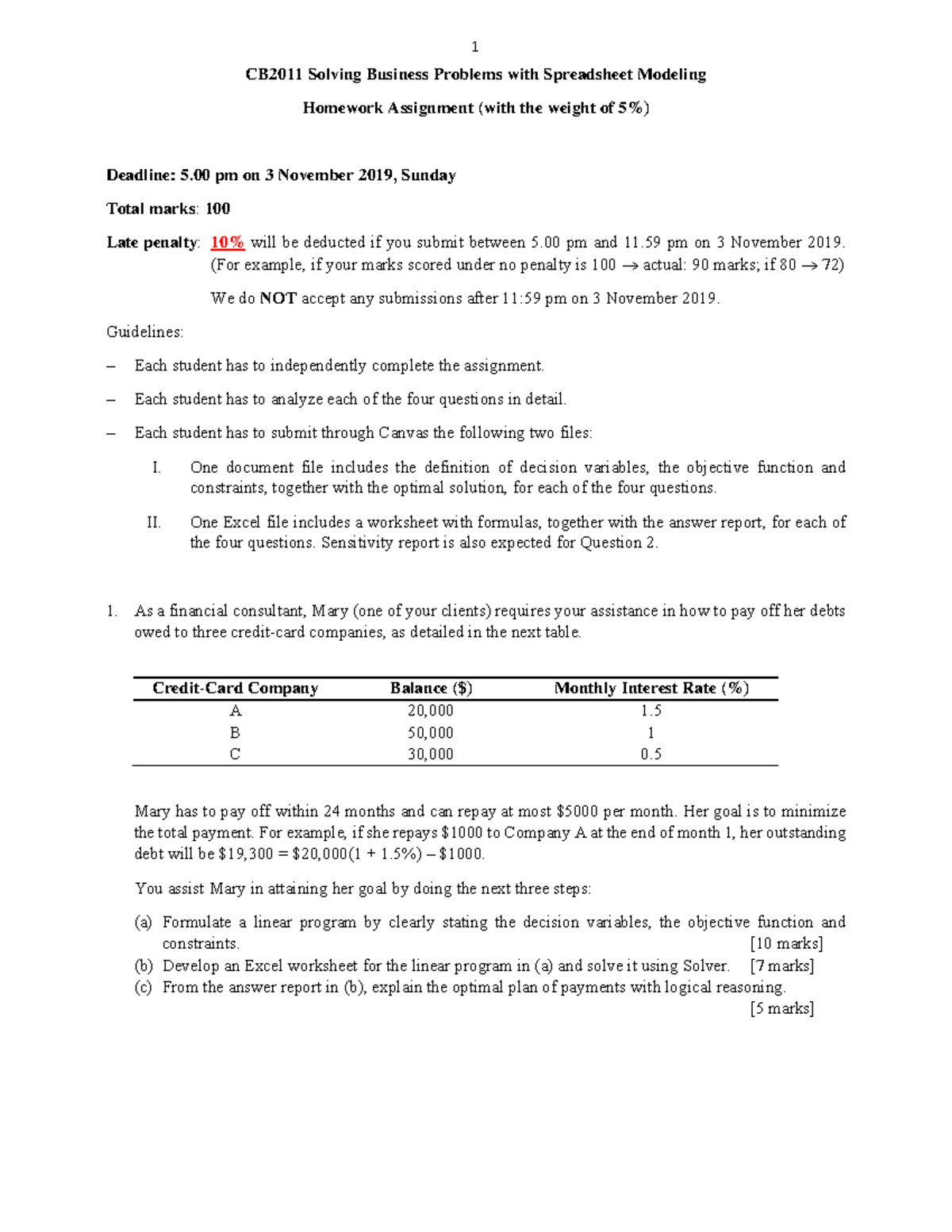 CB2011 (Home assignment)rev - 1 CB2011 Solving Business Problems with Spreadsheet Modeling ...