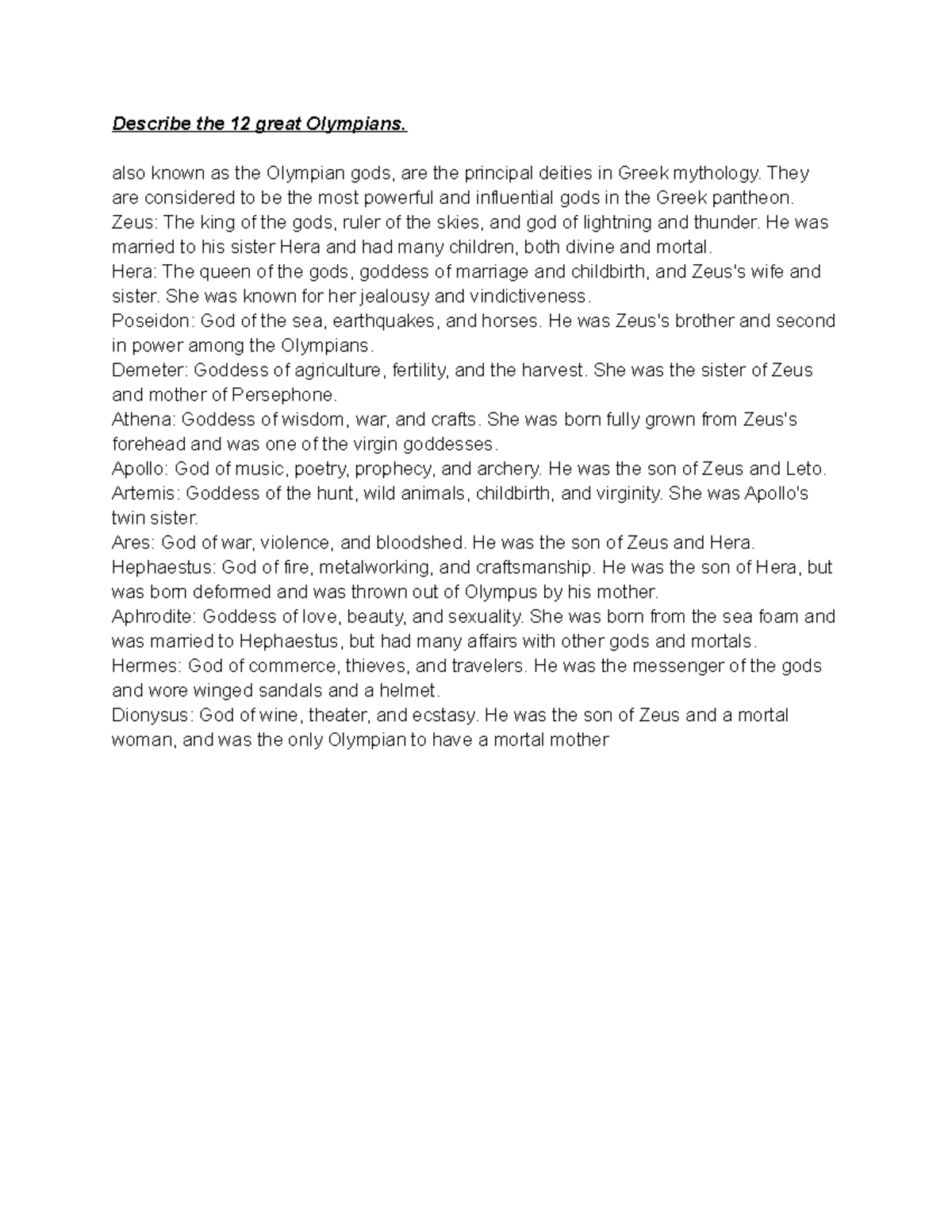 Describe the 12 great Olympians - Describe the 12 great Olympians. also ...
