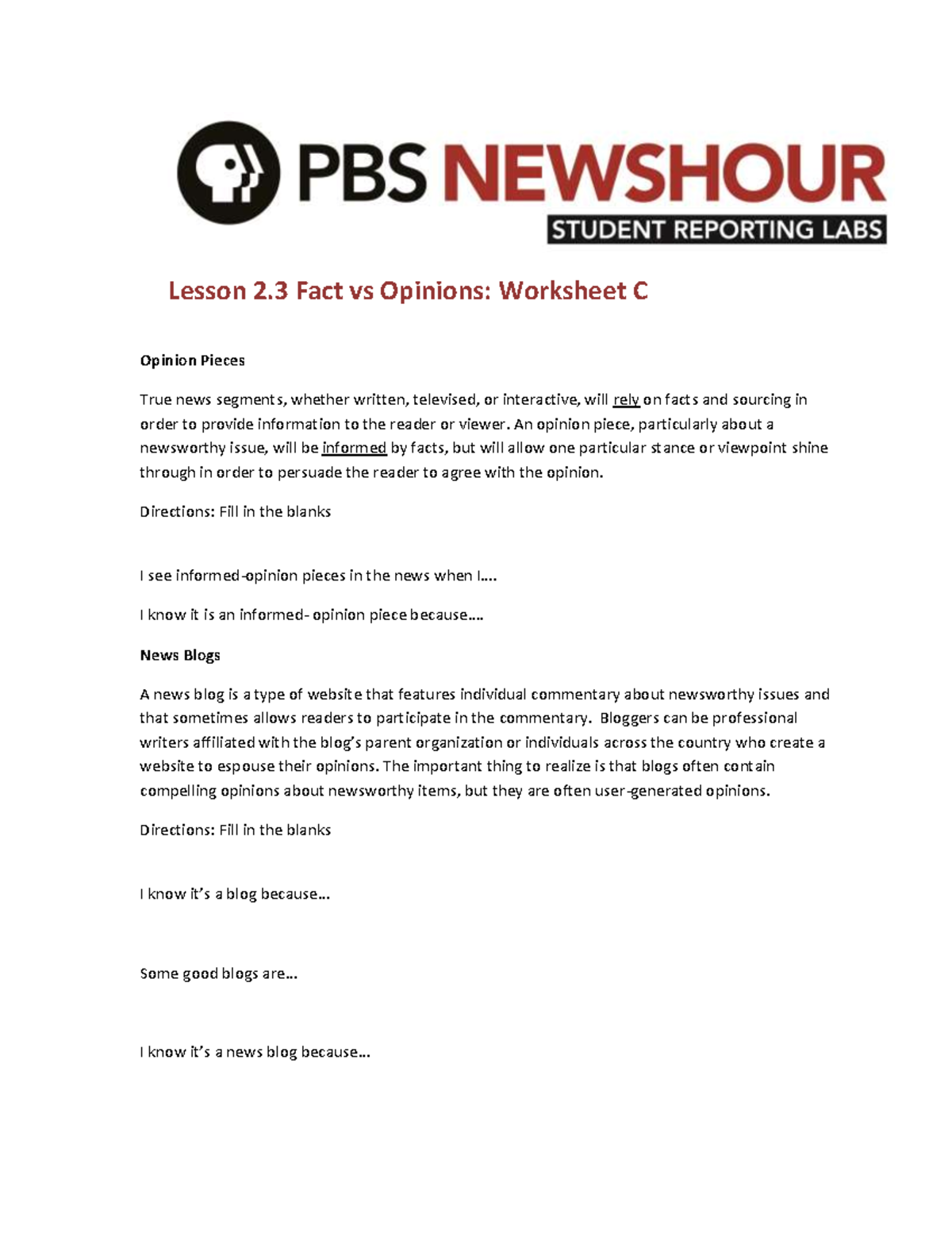 Worksheet-2 - English - Lesson 2 Fact vs Opinions: Worksheet C Opinion ...
