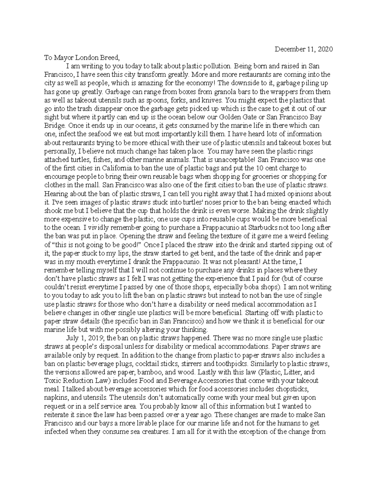 Personal Letter Assignment - December 11, 2020 To Mayor London Breed, I ...