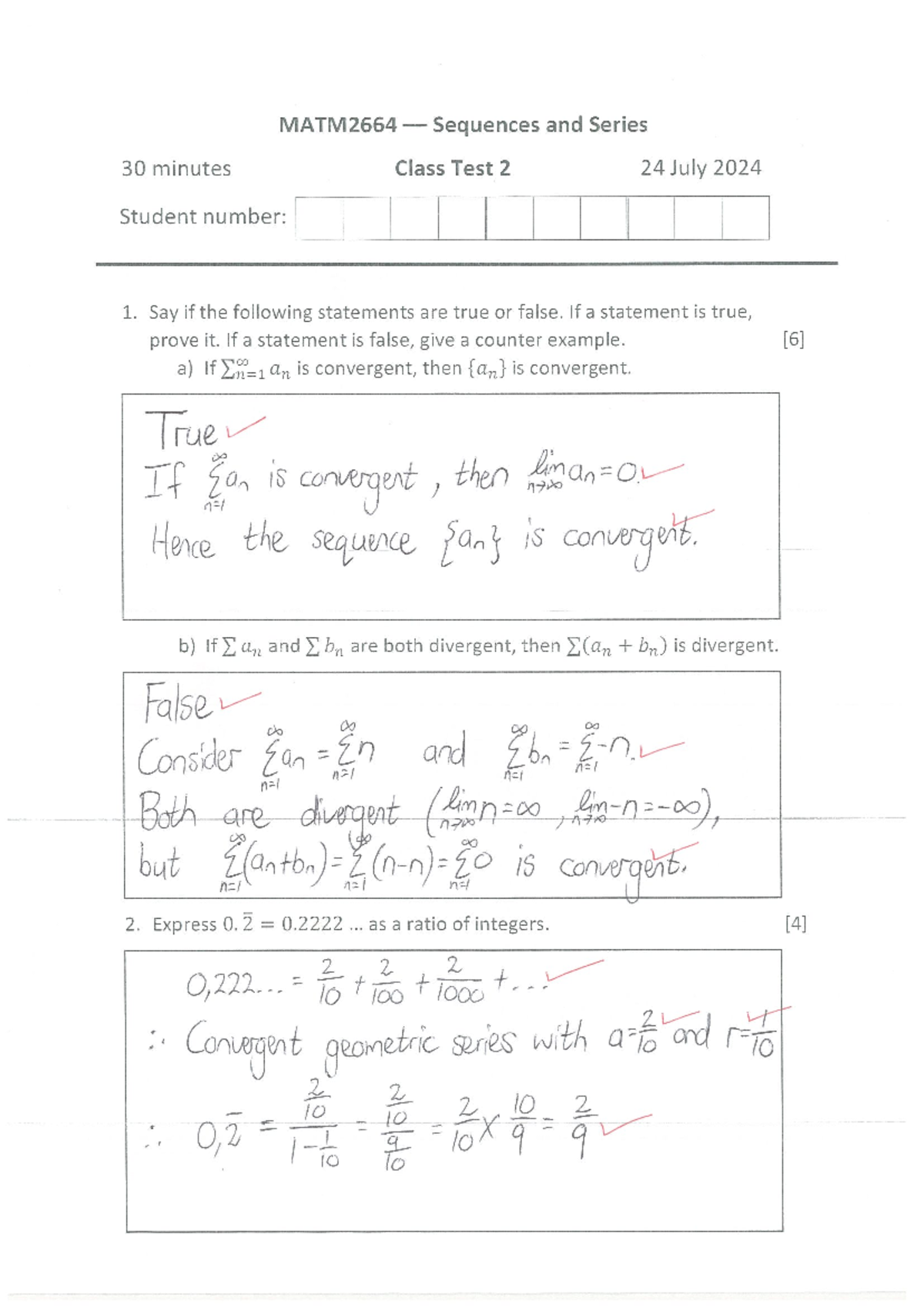 Class Test 2 Memo(1) - Practice - MATM2664 Sequences and Series 30 ...