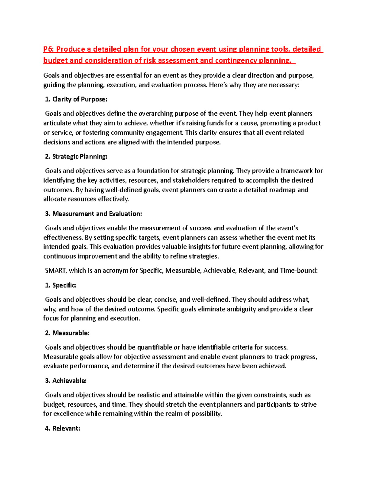 P6 aims and objectives - P6: Produce a detailed plan for your chosen ...