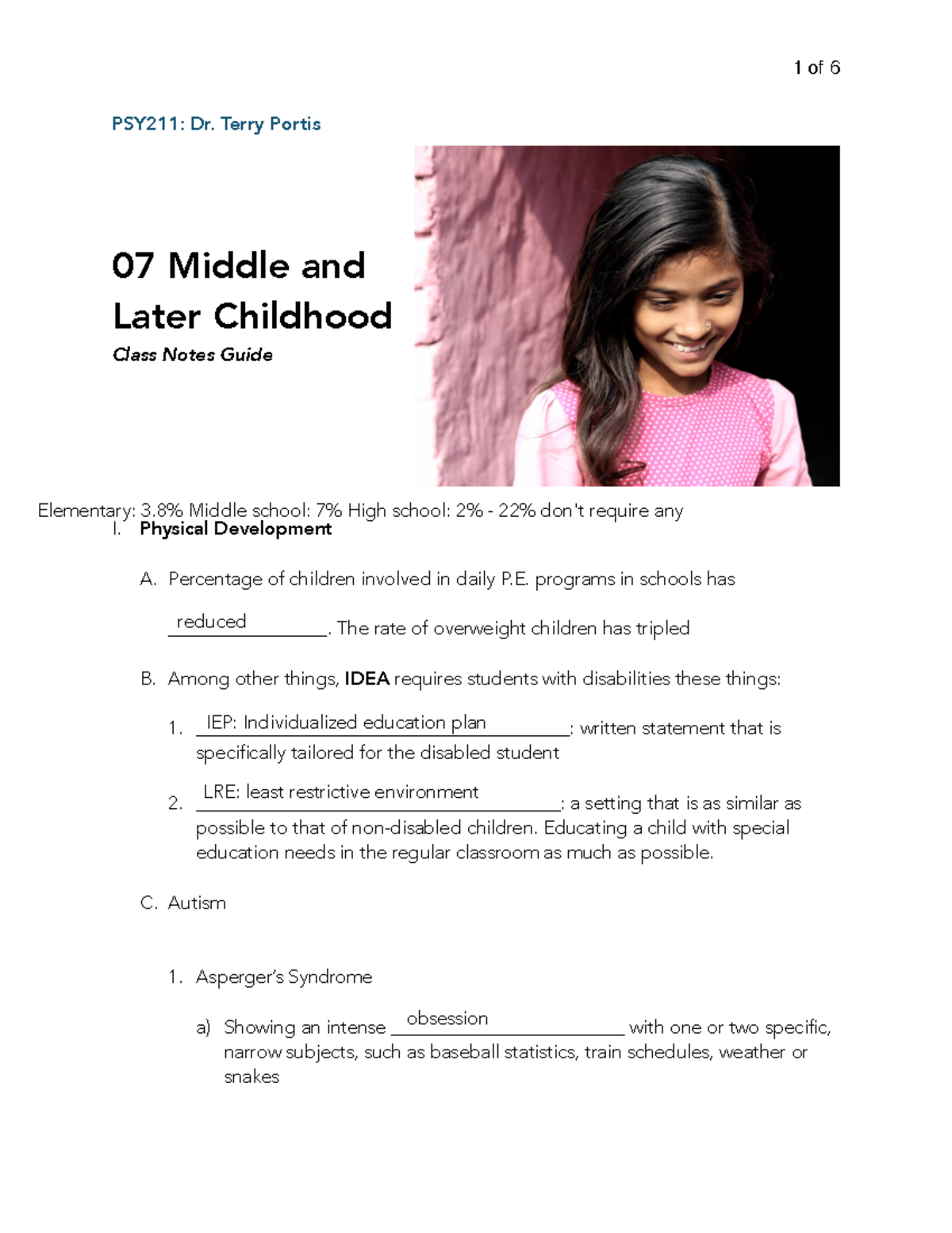 Middle and Later Childhood Class Notes - PSY211: Dr. Terry Portis 07 ...