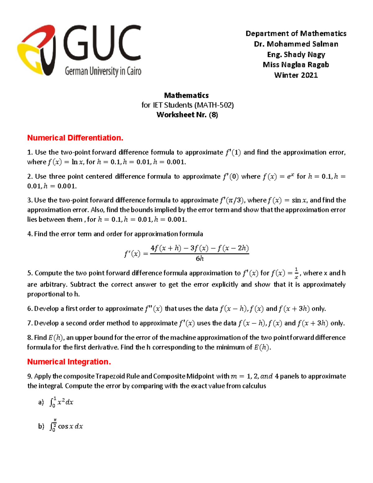 Math 502 Worksheet #8 - Numerical Methods MATH 502.Numerical Methods MATH 502 - Numerical - Studocu