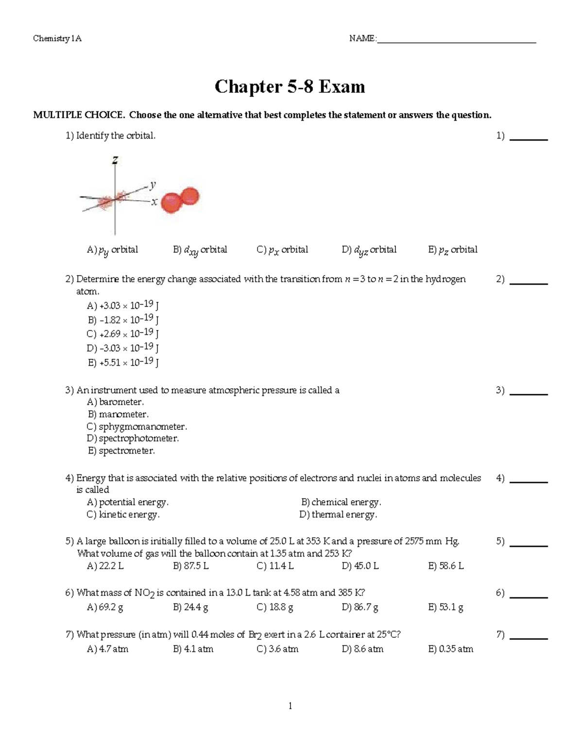 Gen Chem CH5-8 Practice Exam Key - Chemistry 1A NAME ...
