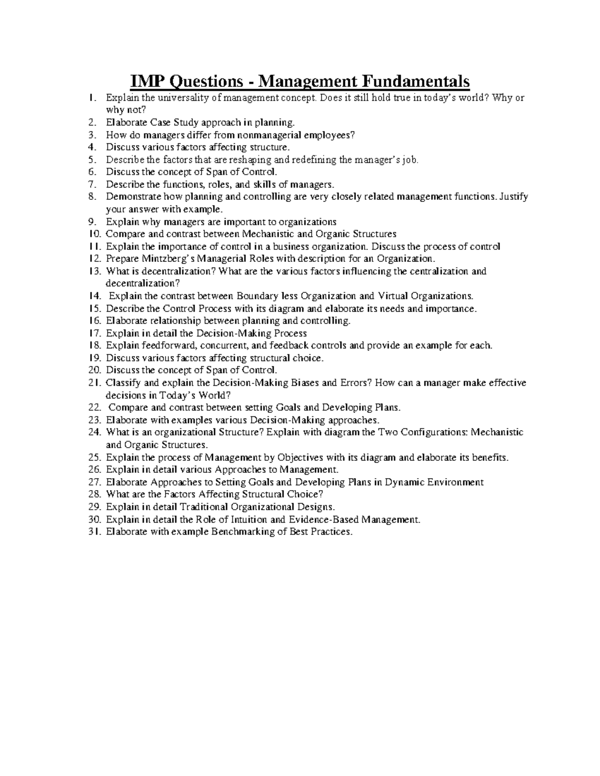 IMP Questions for Management Fundamentals - IMP Questions - Management ...