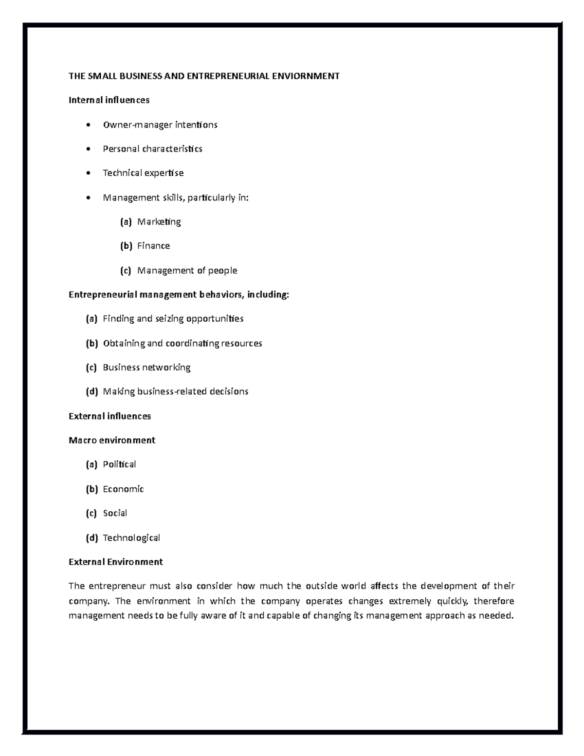 Entrepreneurship Notes THE Small Business AND Entrepreneurial ...