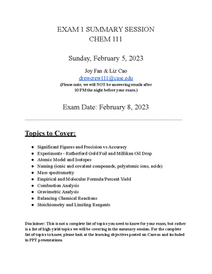 Exam 2 Summary Session Sheet - EXAM 2 SUMMARY SESSION CHEM 111 Sunday ...