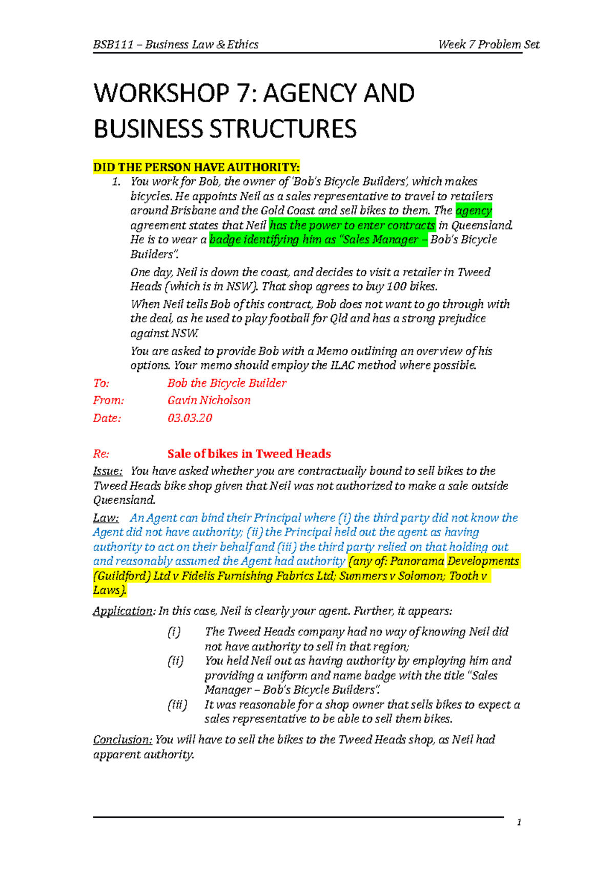 BSB111 Workshop Question Solutions - WORKSHOP 7: AGENCY AND BUSINESS ...
