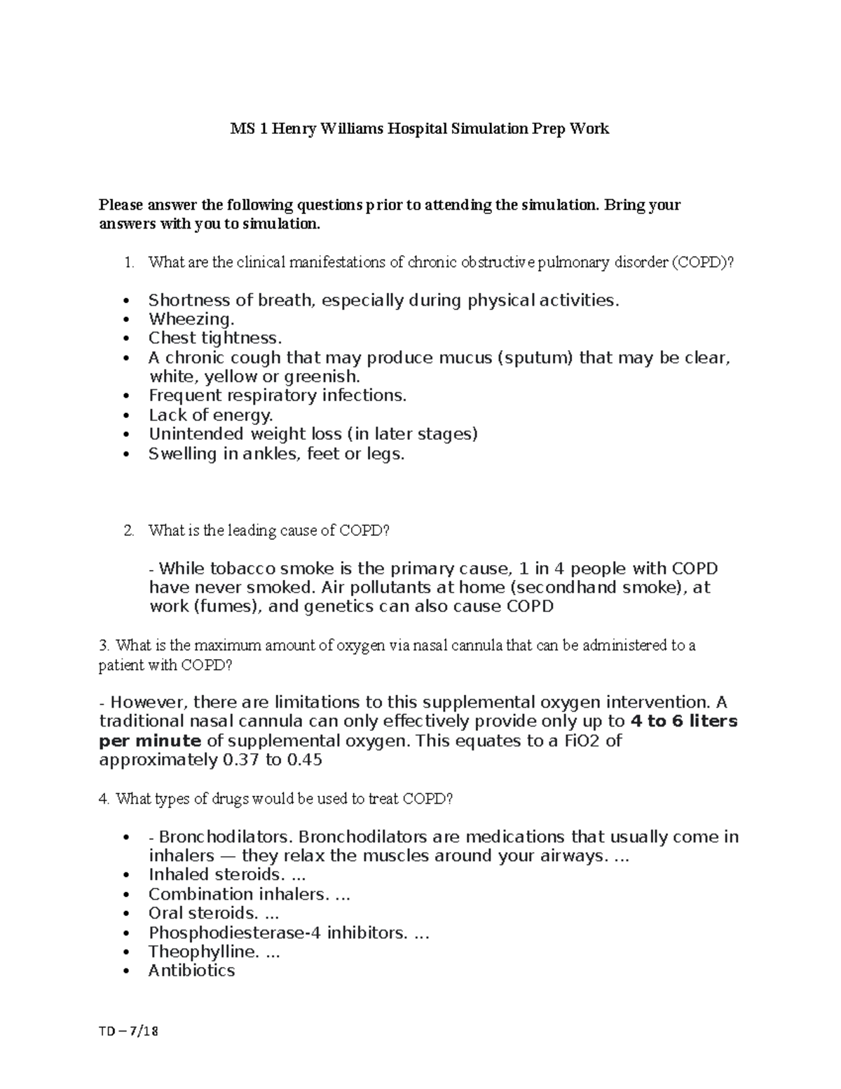 Med surg sim prep work 2 - none - MS 1 Henry Williams Hospital ...