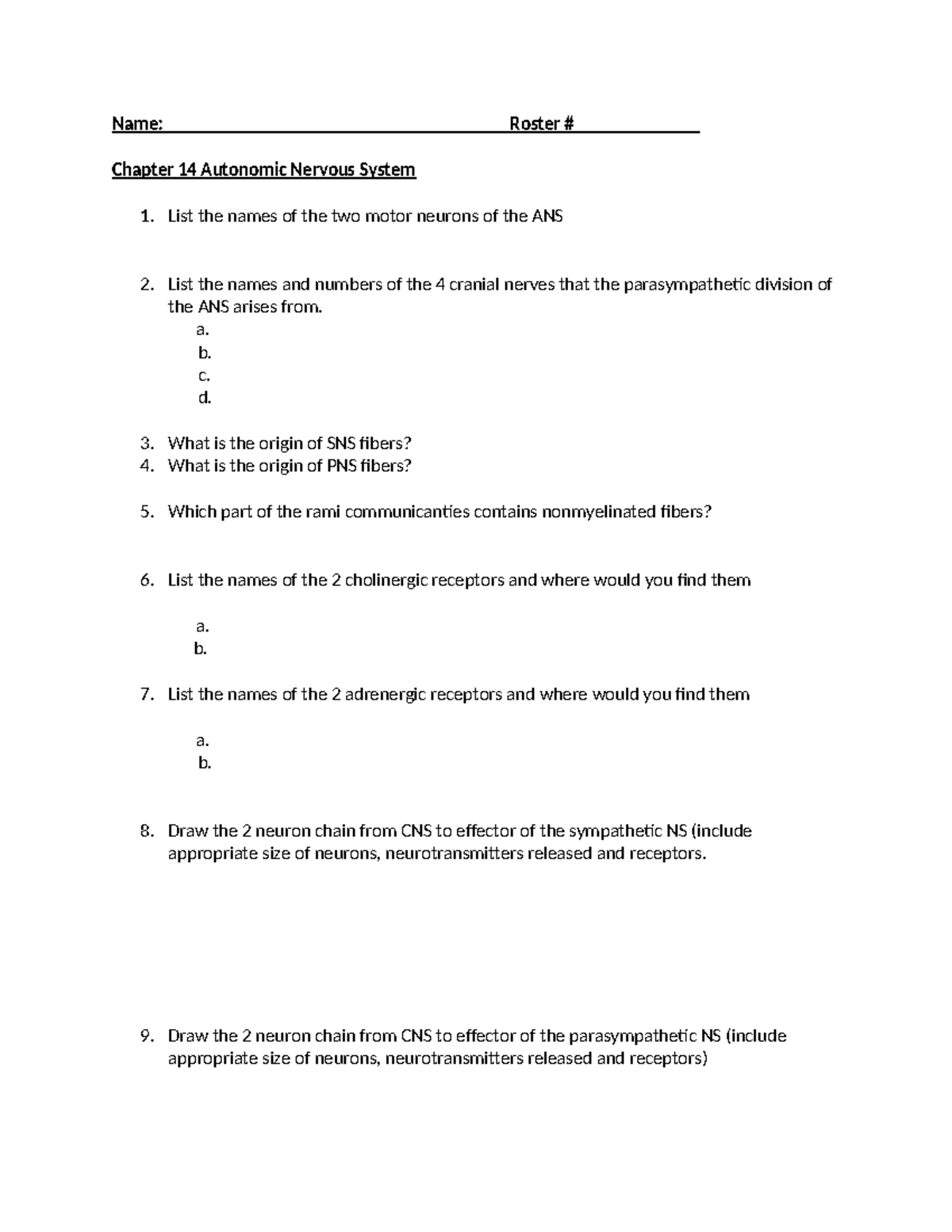 ANS worksheet - Name: Roster # _____________ Chapter 14 Autonomic ...