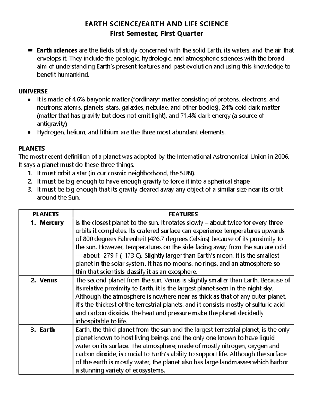 Earth Science Notes 1 - EARTH SCIENCE/EARTH AND LIFE SCIENCE First ...