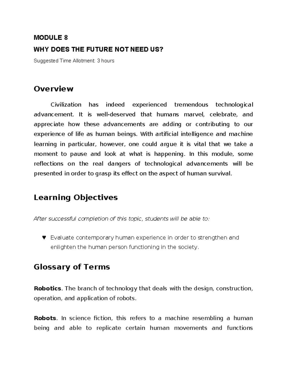 Module 8 Sts Module 8 Sts Module 8 Why Does The Future Not Need Us Suggested Time Allotment