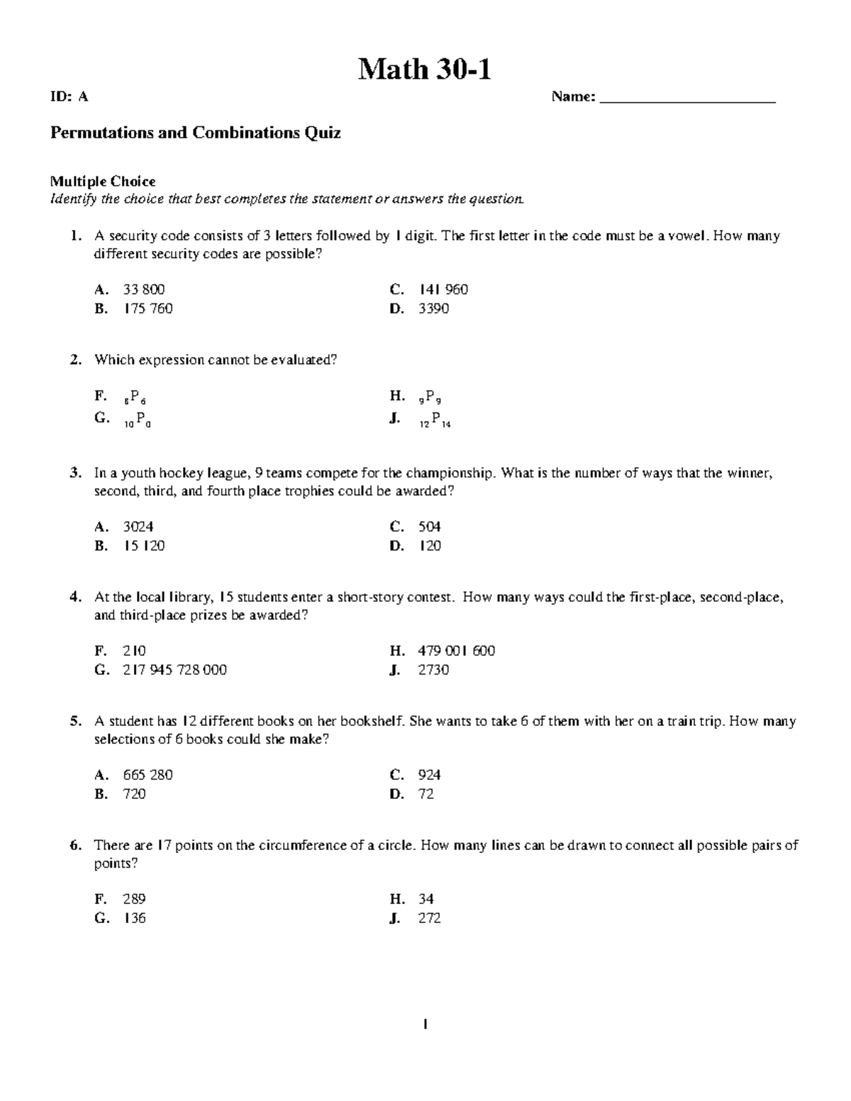 Perms and combs quiz w solutions - Math 30- ID: A Name ...
