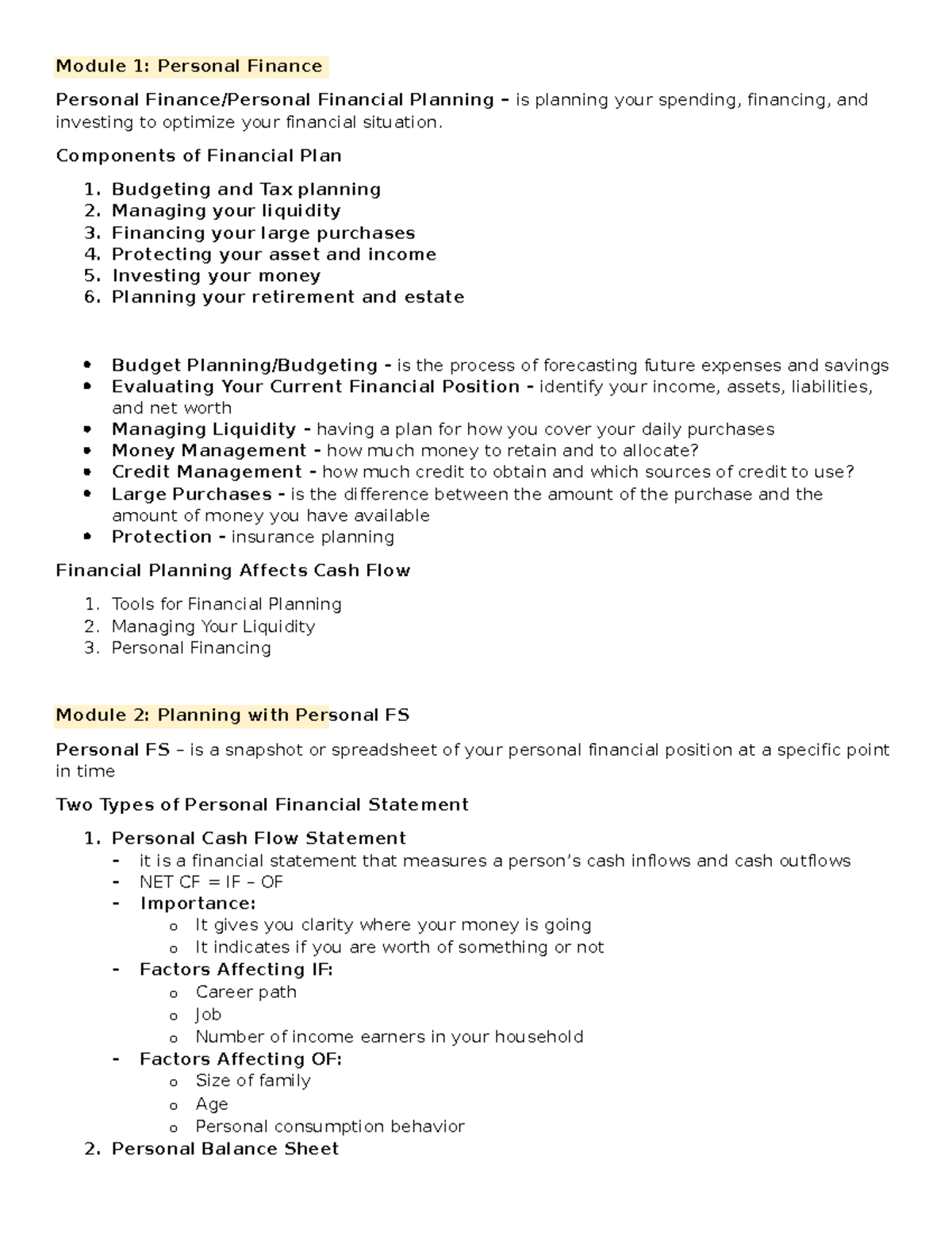 FIN101 Midterm Reviewer - Module 1: Personal Finance Personal Finance ...