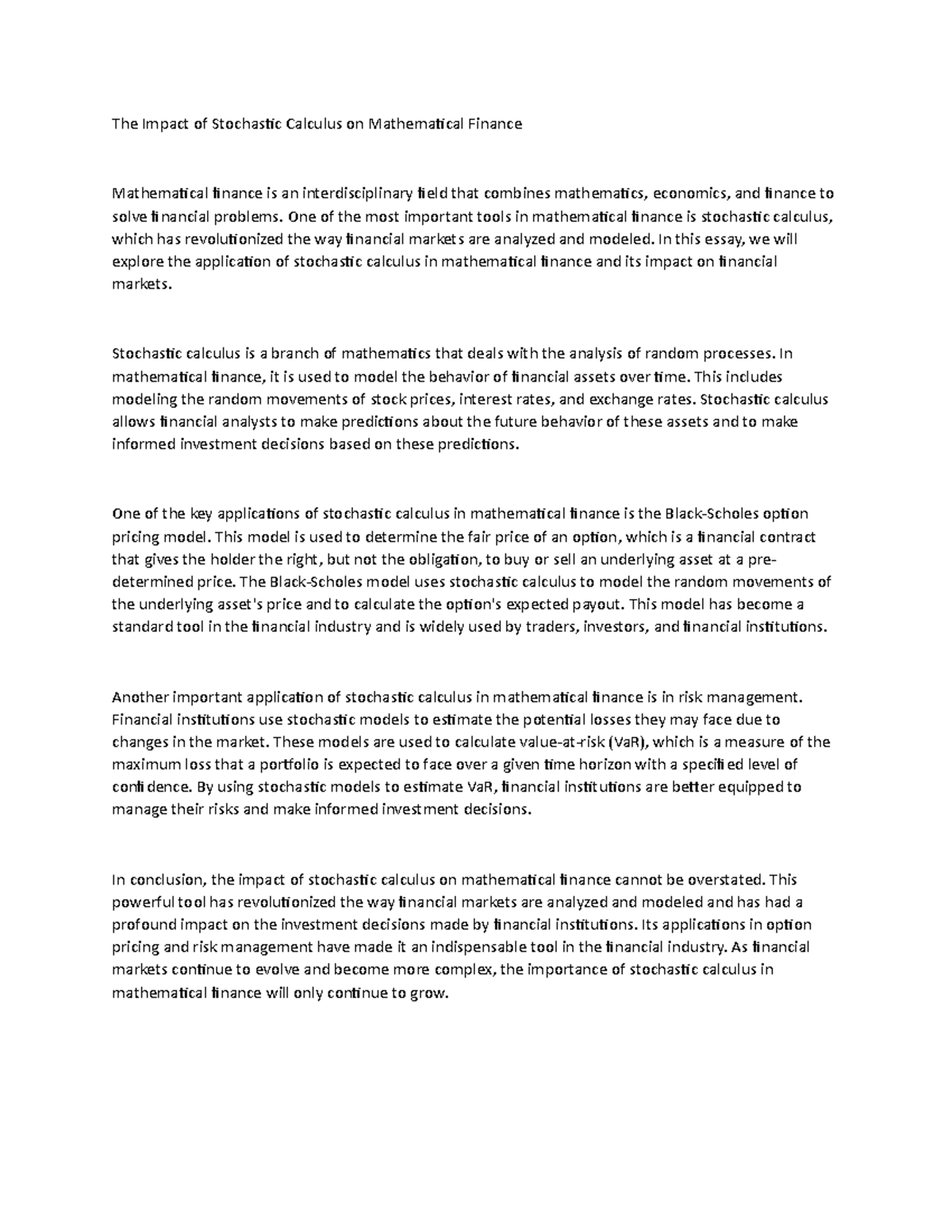 The Impact of Stochastic Calculus on Mathematical Finance - The Impact ...