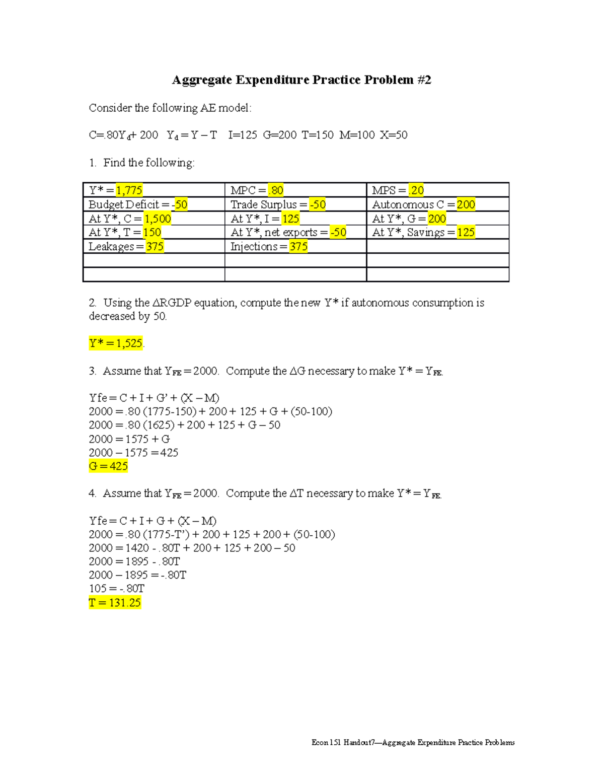 Aggregate Expenditure Practice Problem #2 - Aggregate Expenditure ...