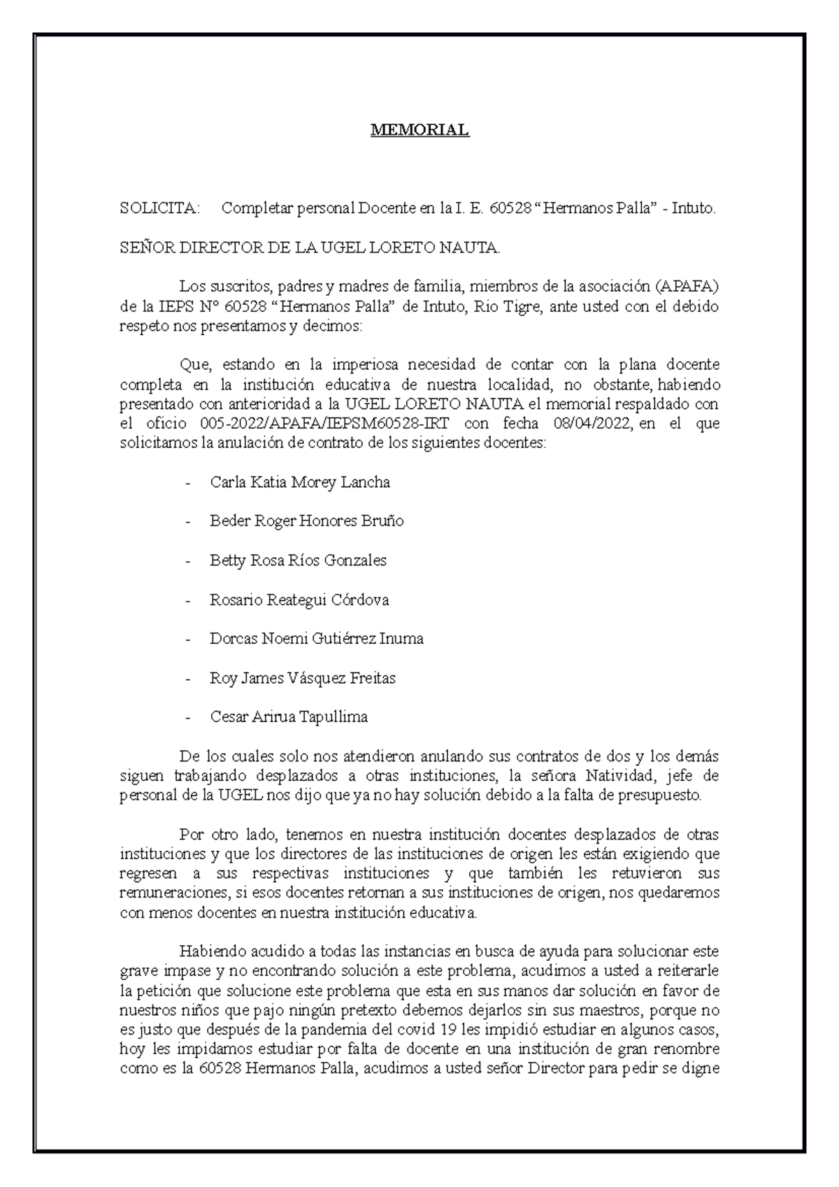 Memorial - MEMORIAL SOLICITA: Completar personal Docente en la I. E ...