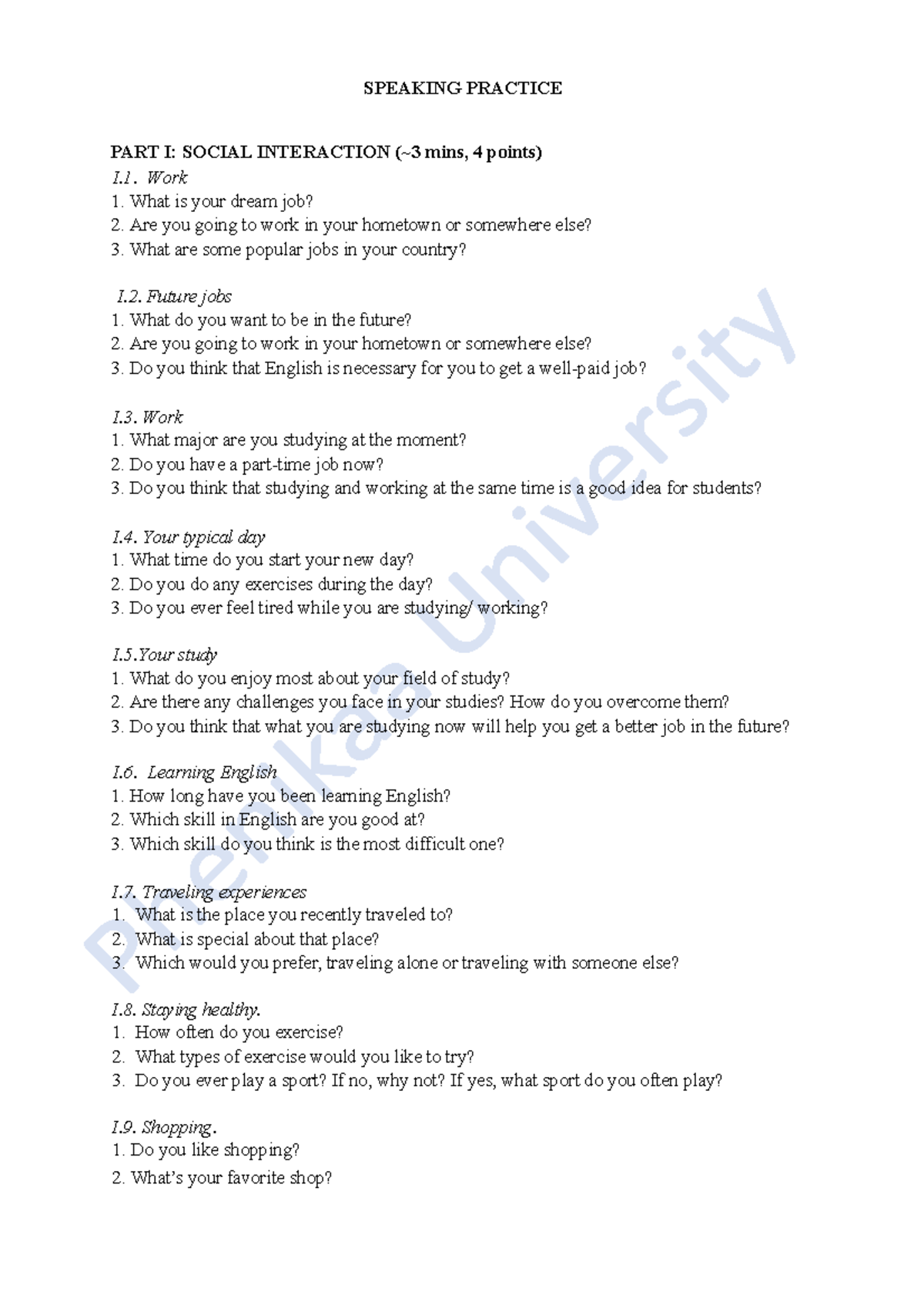 Speaking practice English 2 - SPEAKING PRACTICE PART I: SOCIAL ...