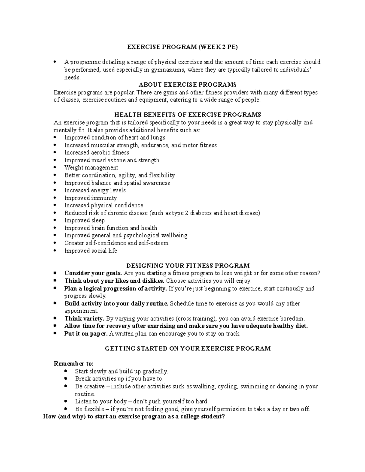 PE-WEEK-2 - happy - EXERCISE PROGRAM (WEEK 2 PE) A programme detailing a range of physical - Studocu