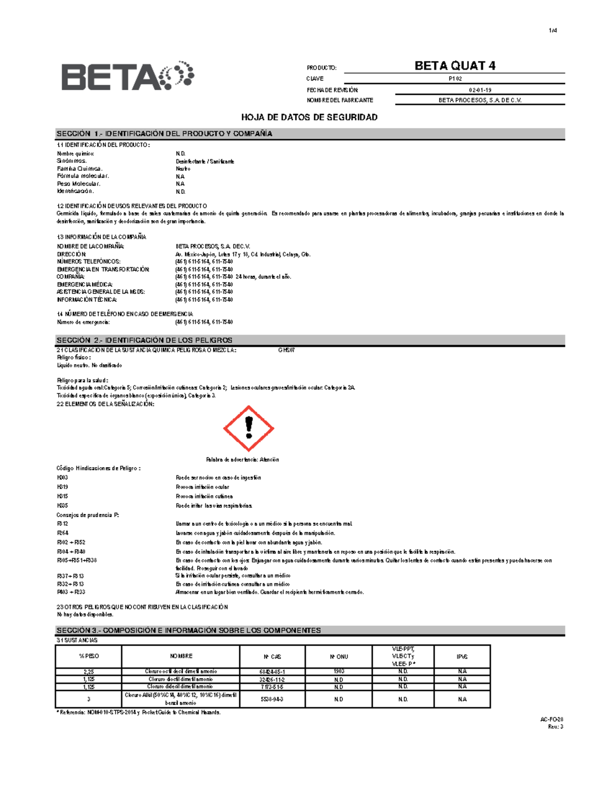 CALI-03 BETA QUAT 4 MDS - PRODUCTO: CLAVE: FECHA DE REVISI”N: NOMBRE ...
