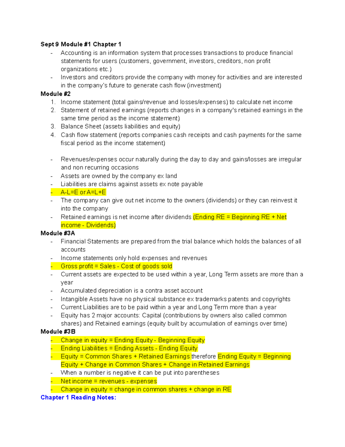 Accounting Notes - Sept 9 Module #1 Chapter 1 - Accounting is an ...
