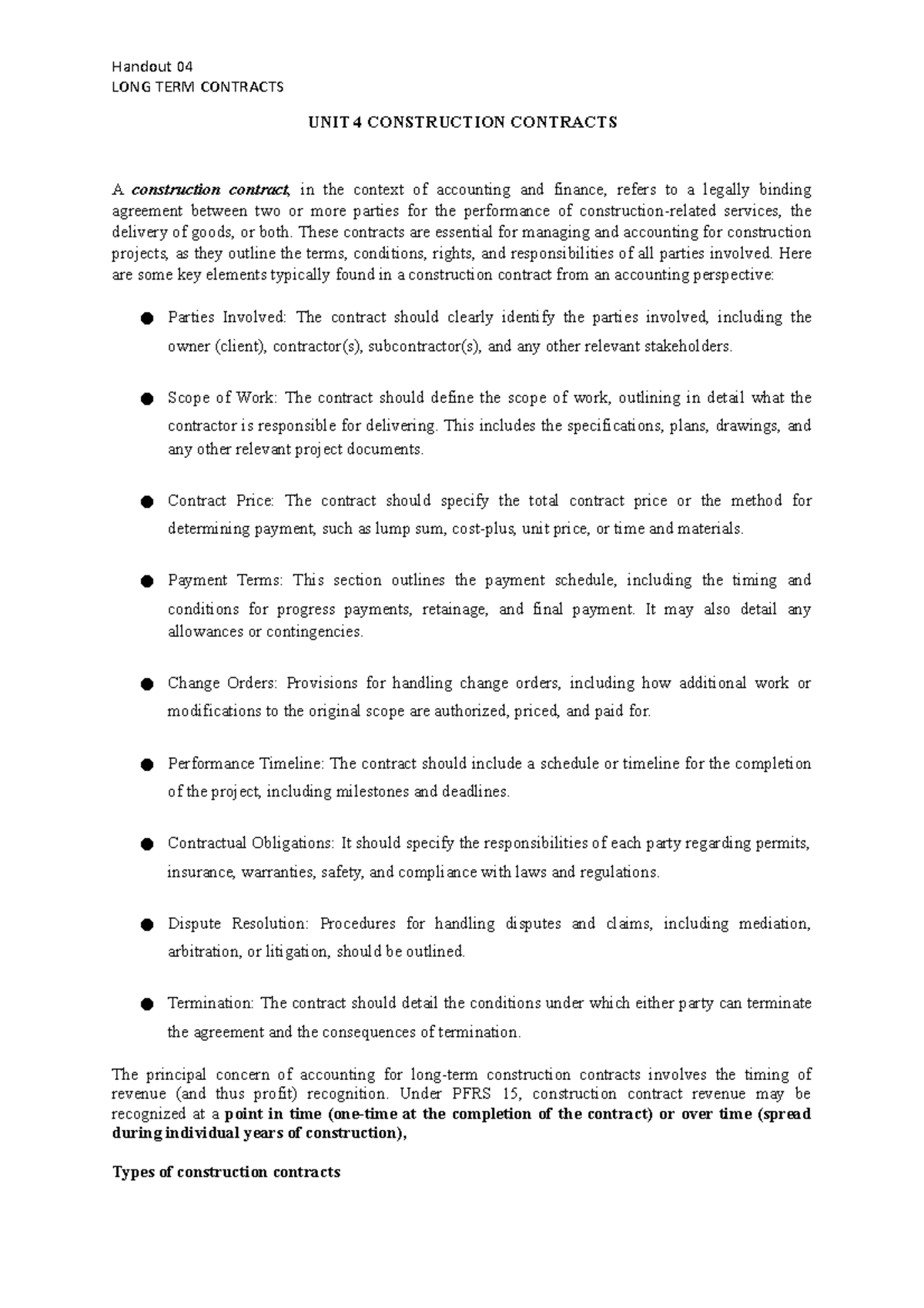 Handout 4- Construction Contracts - LONG TERM CONTRACTS UNIT 4 ...