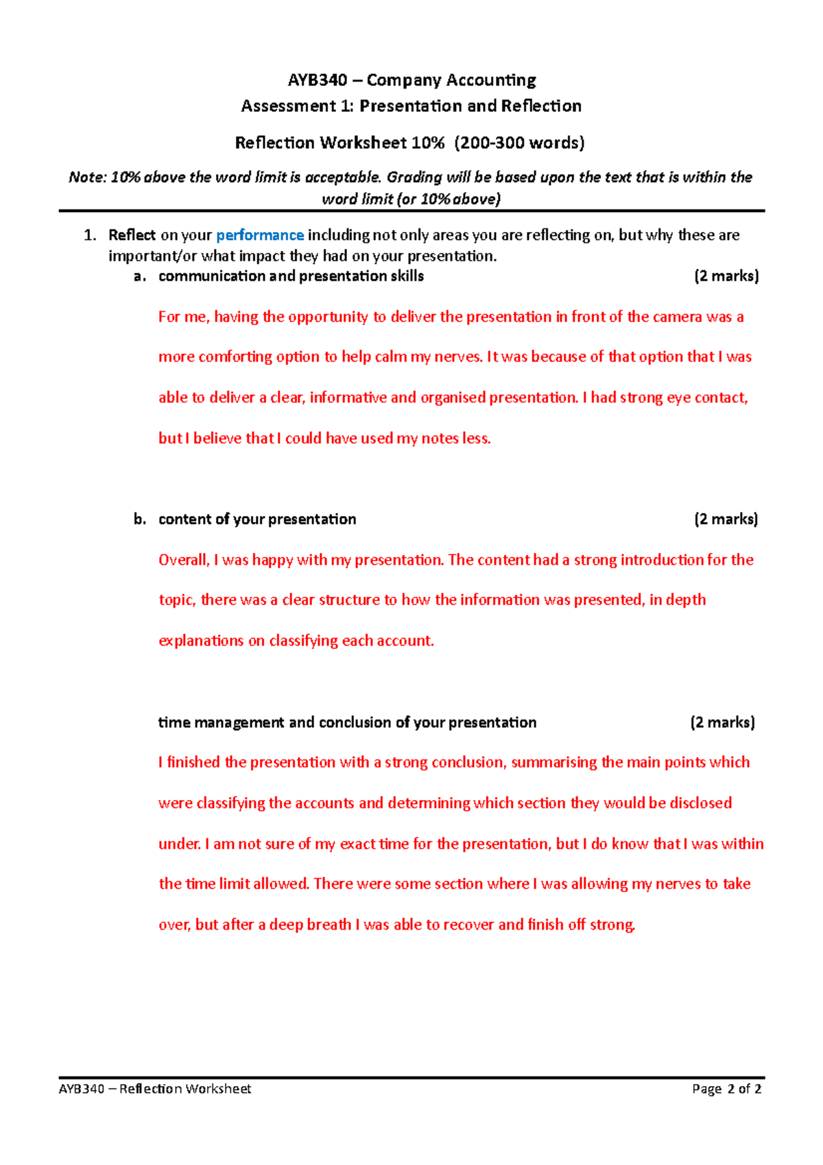 AYB340 Reflection Worksheet after presentation - AYB340 - QUT - Studocu