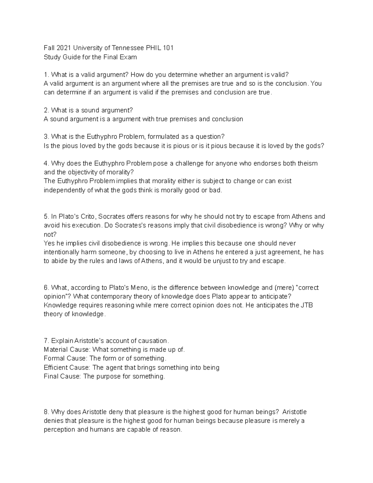 Final exam study guide phil 101 - Fall 2021 University of Tennessee PHIL 101 Study Guide for the ...