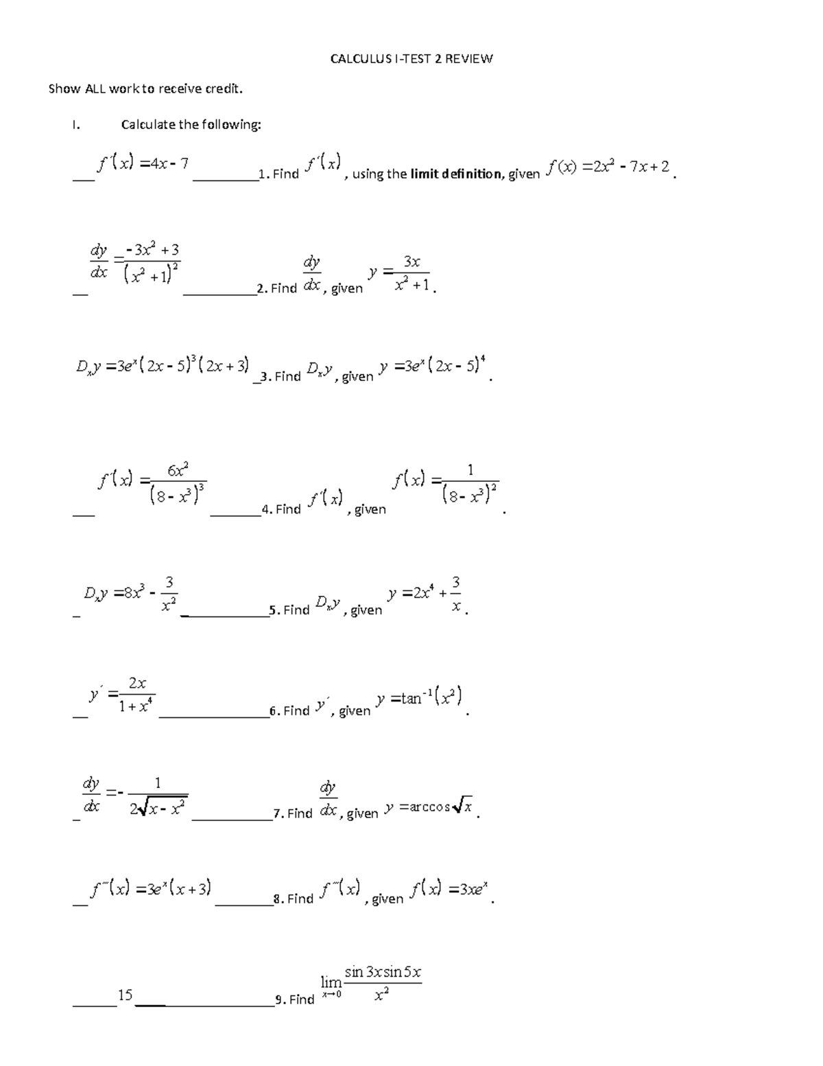 Calculus I-Test 2 Review-1 - CALCULUS I-TEST 2 REVIEW Show ALL work to ...