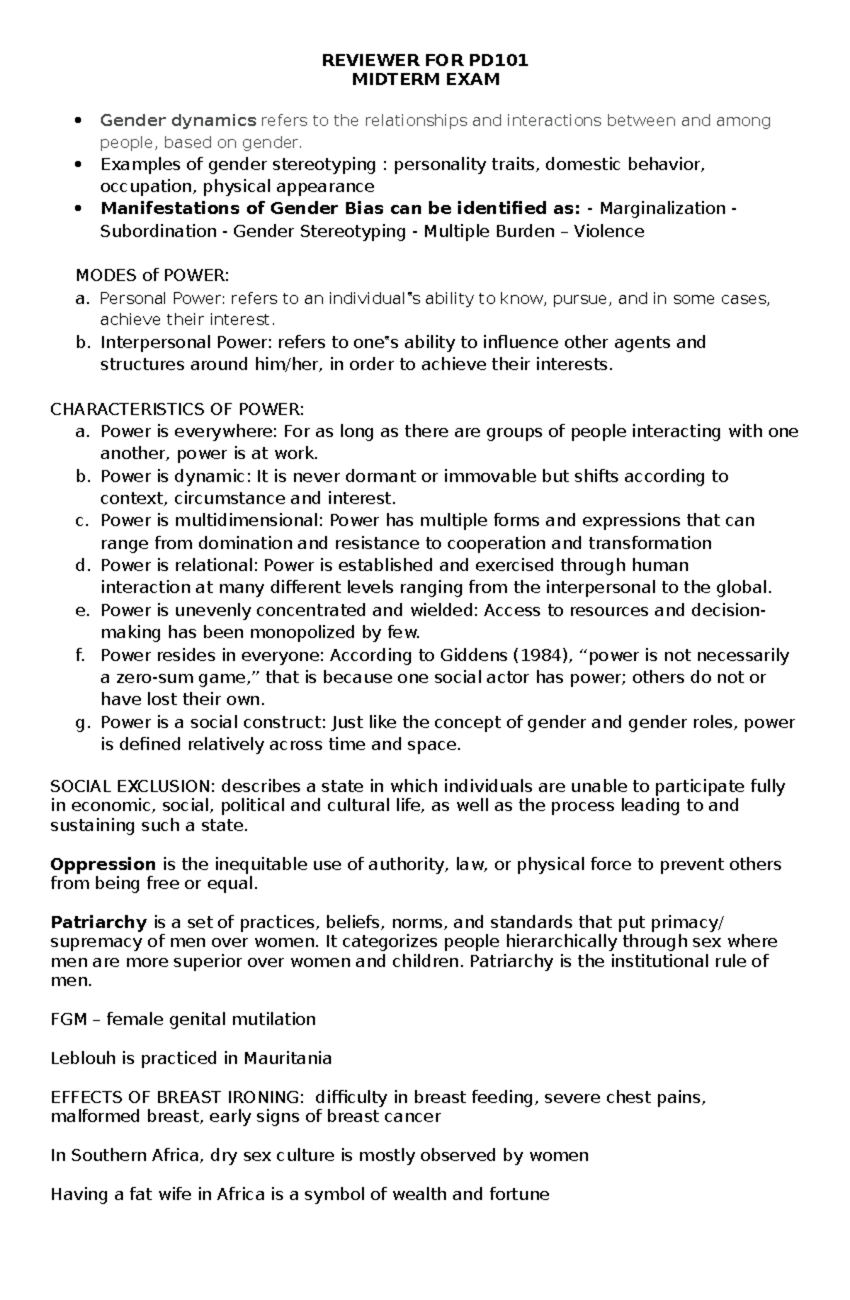 Midterm Reviewer Pd101 Reviewer For Pd Midterm Exam Gender Dynamics Refers To The