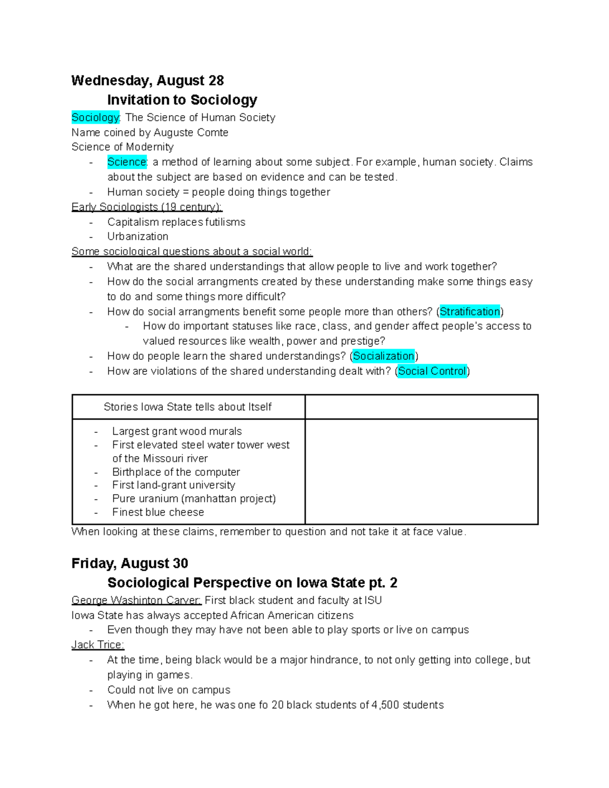 Week 1 - Invitation to Sociology Lecture - Wednesday, August 28 ...