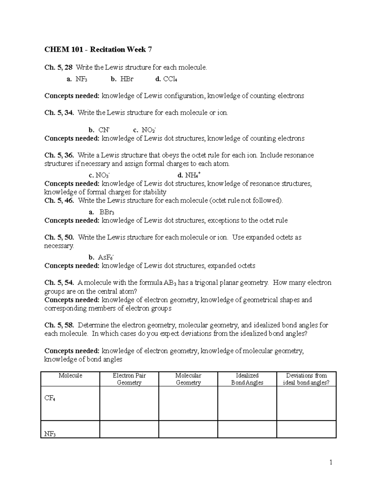 CHEM 101 Recitation Week 7 Key Points - CHEM 101 - Recitation Week 7 Ch ...