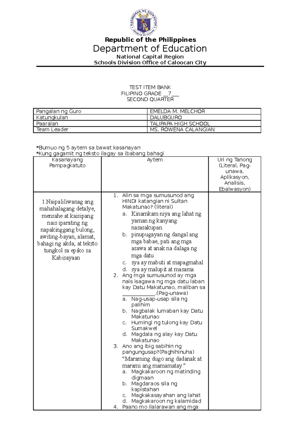 Test Bank Template Emelchor Q2 WEEK1 1 - Republic of the Philippines ...