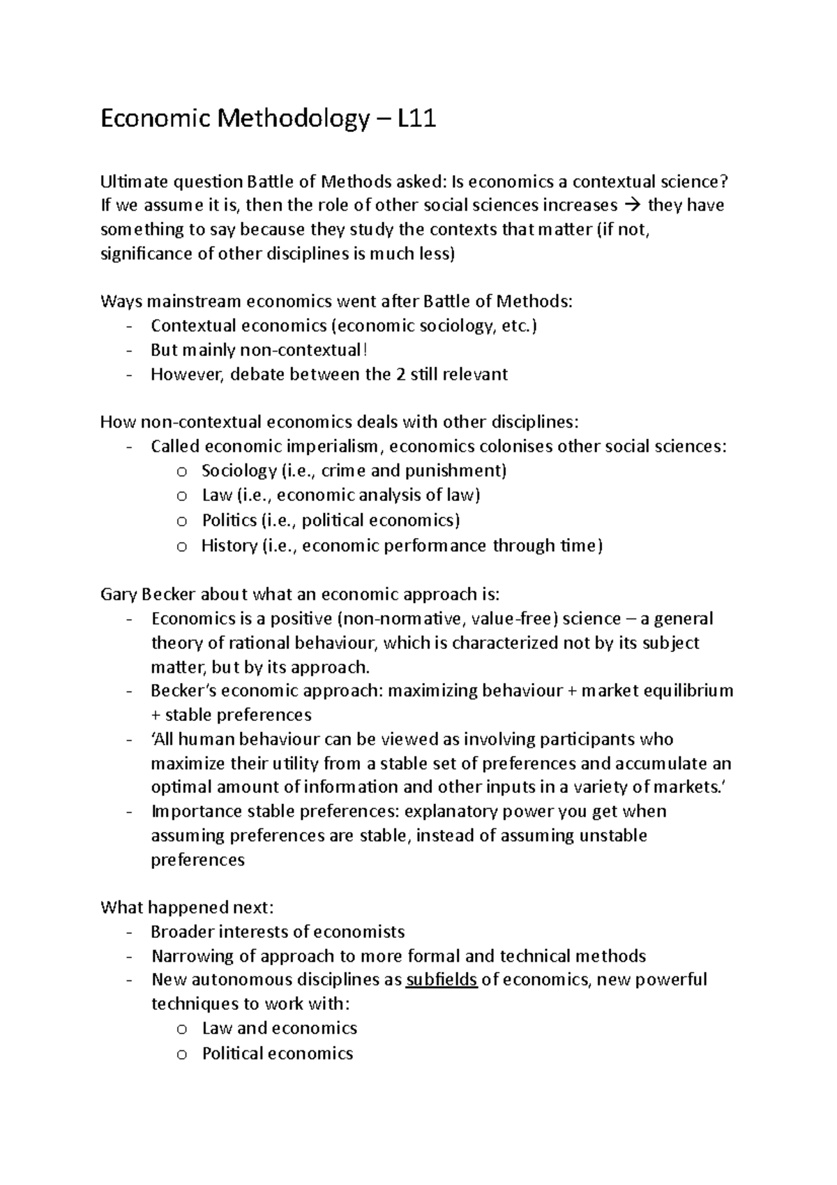Economic Methodology - L11 - Economic Methodology – L Ultimate question ...