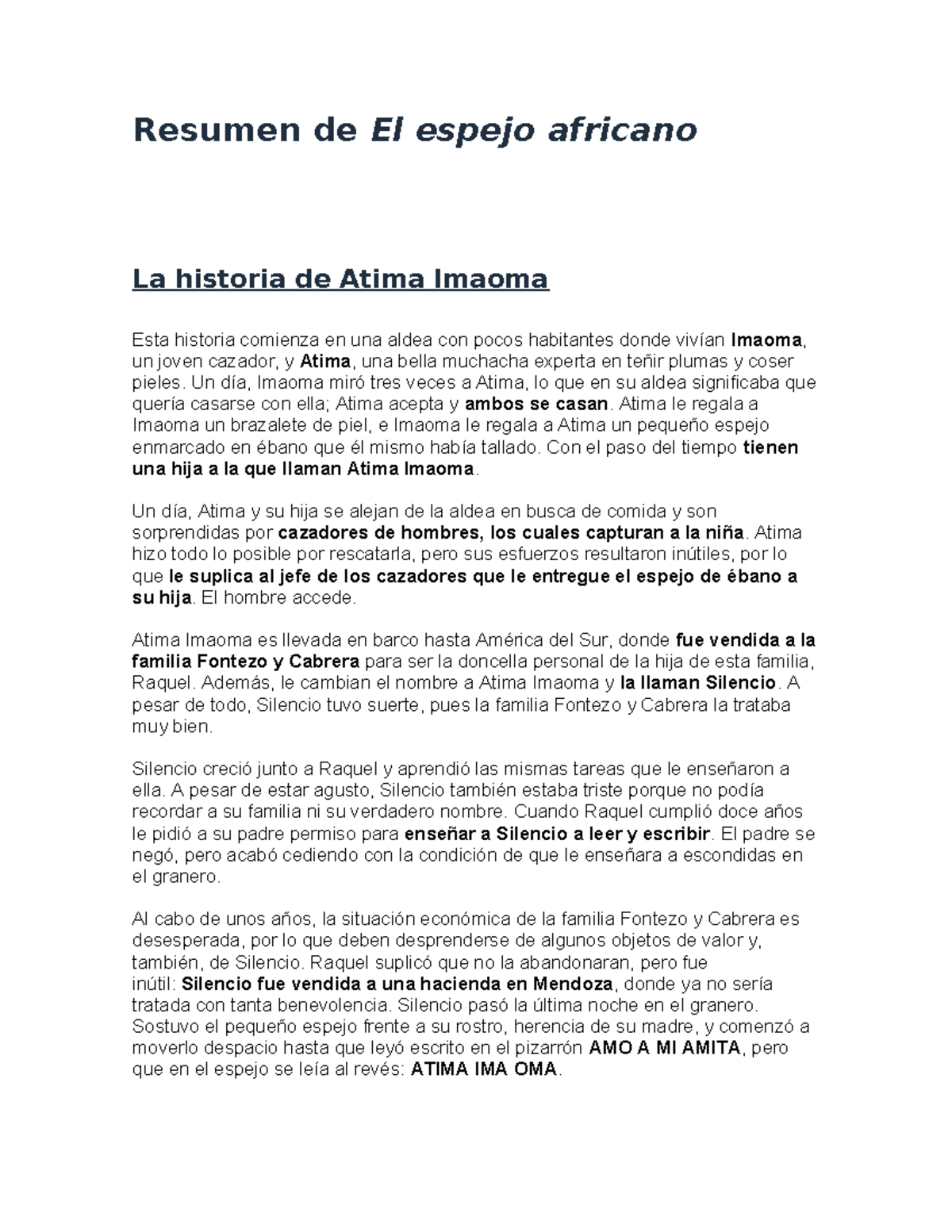 Resumen del espejo africano - Resumen de El espejo africano La historia de Atima Imaoma Esta ...