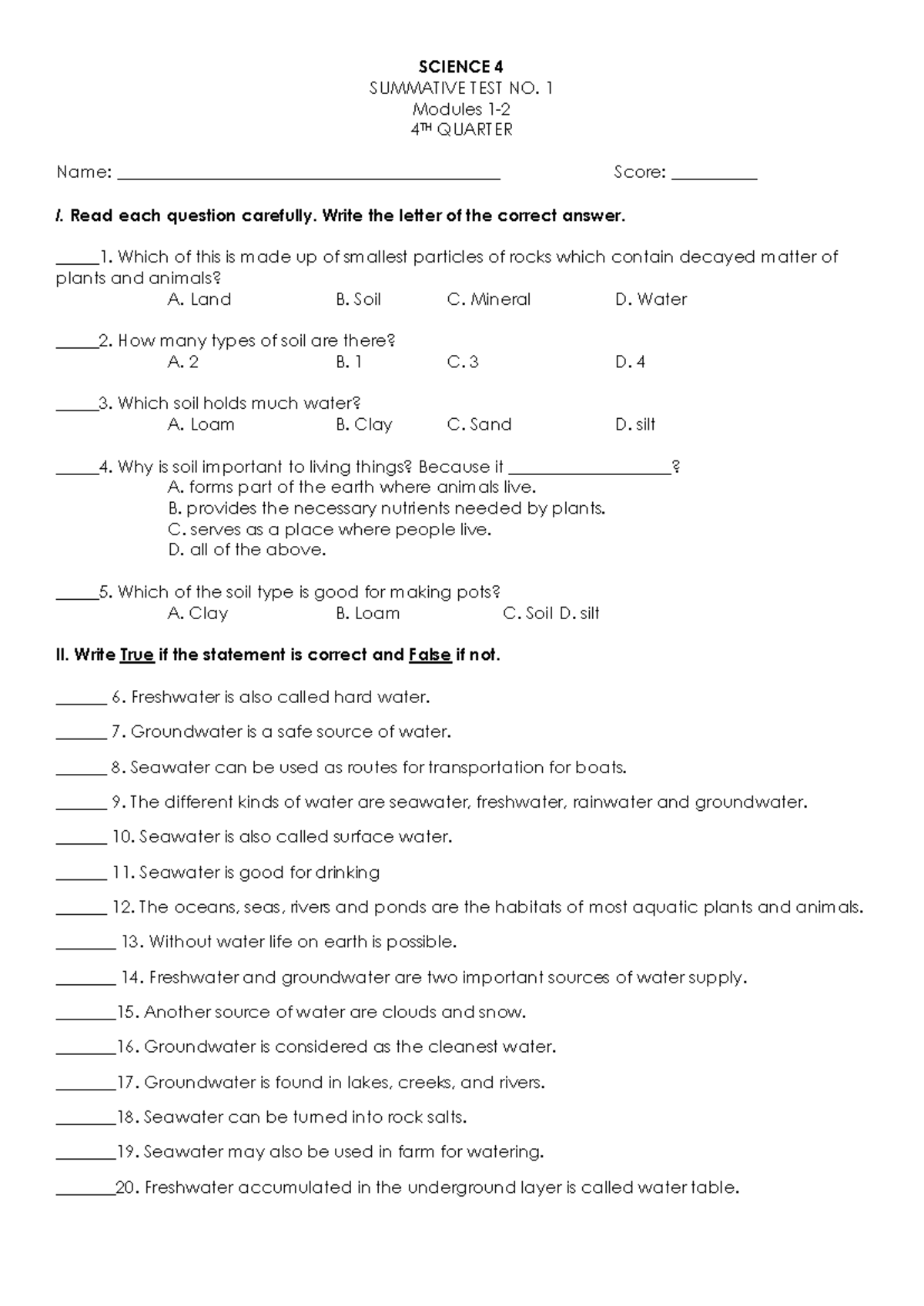 Summative TEST WK1-2 - notes - SCIENCE 4 SUMMATIVE TEST NO. 1 Modules 1 ...