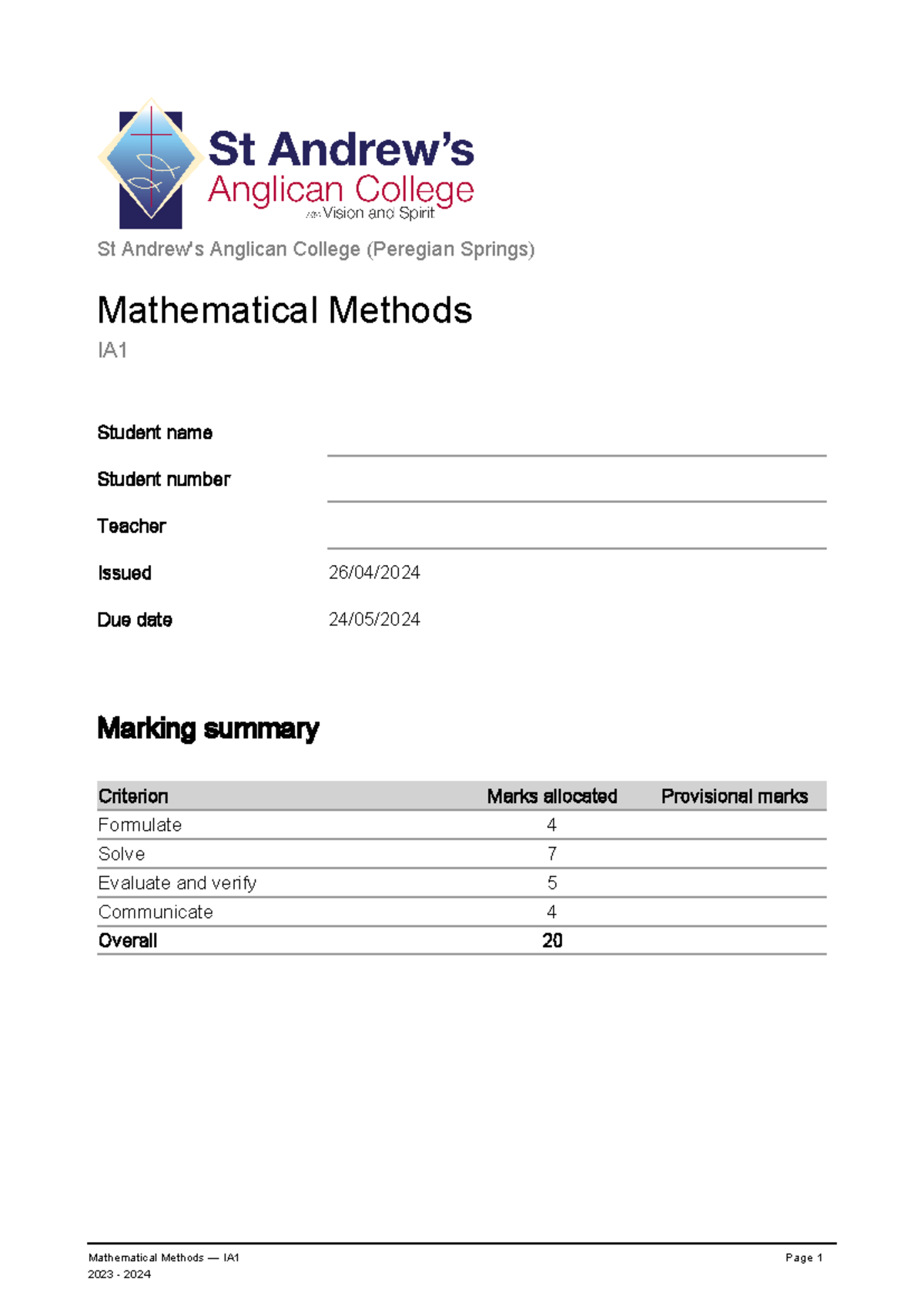 IA 1 PSMT - Mathematical Methods — IA1 Page 1 St Andrew's Anglican ...