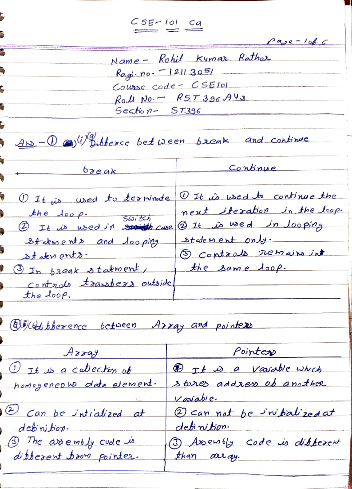 Cse 101 ca - CSE-lol Ca Name Kohilkuma Ratho Kagi no 1211305 Comre Code C SE lo Rol No= RST ...