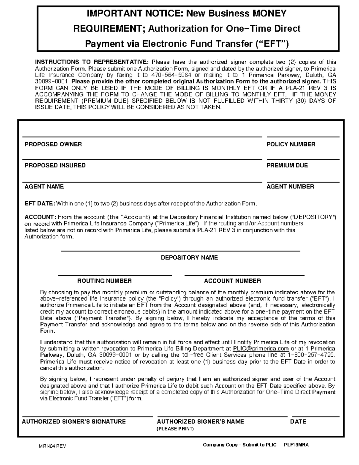 MRN FORM - Yes - IMPORTANT NOTICE: New Business MONEY REQUIREMENT ...