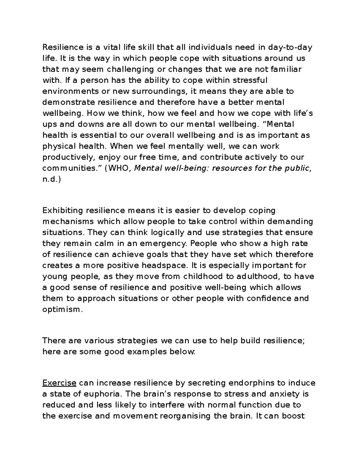 Unit 4, Question 1 - Table - Resilience is a vital life skill that all ...