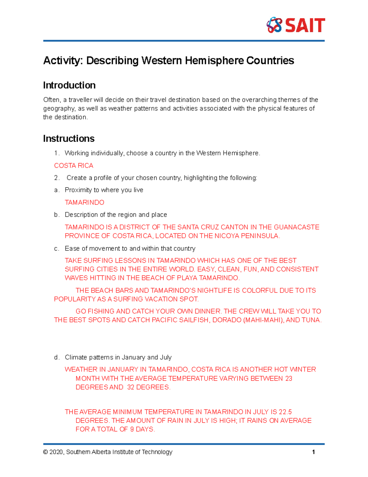Activity Describing Western Hemisphere Countries - Activity: Describing ...