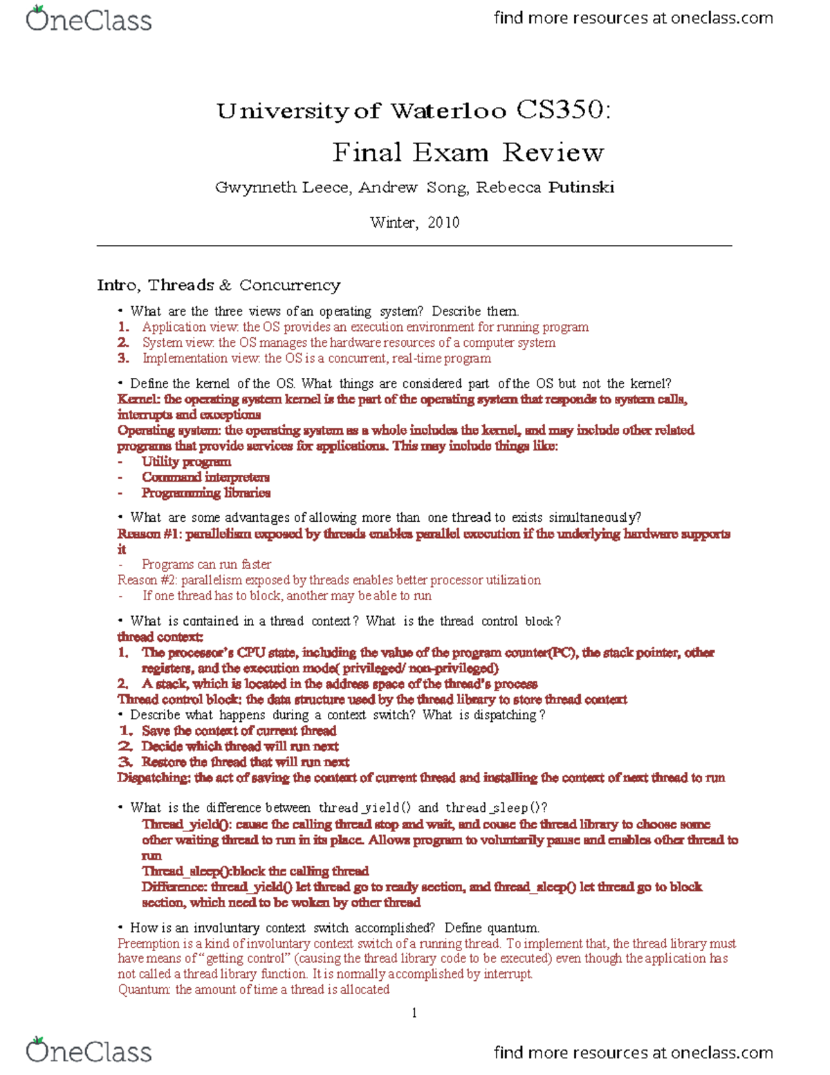 CS 350 Final CS350 course review answer - 1 University of Waterloo ...