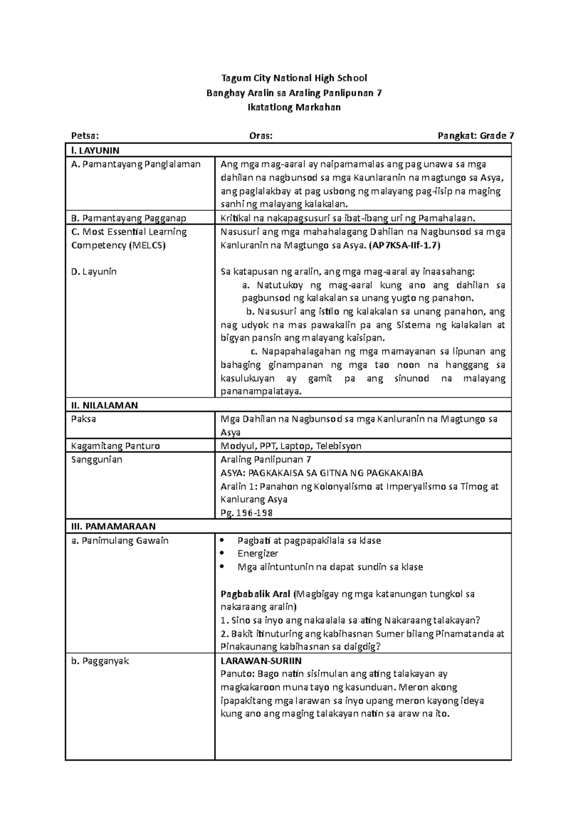 Hernane LP - lesson plan - Tagum City National High School Banghay ...