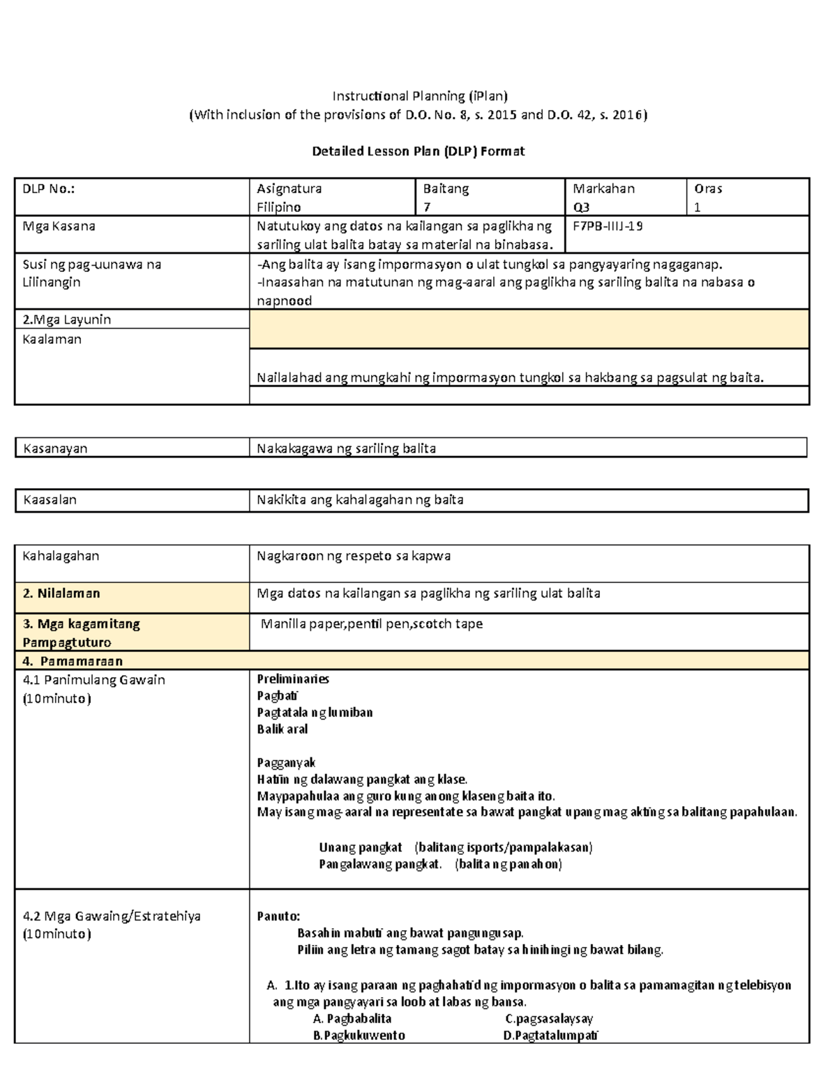 Grade 7 DLP format - jgkjhglyi - Instructional Planning (iPlan) (With ...